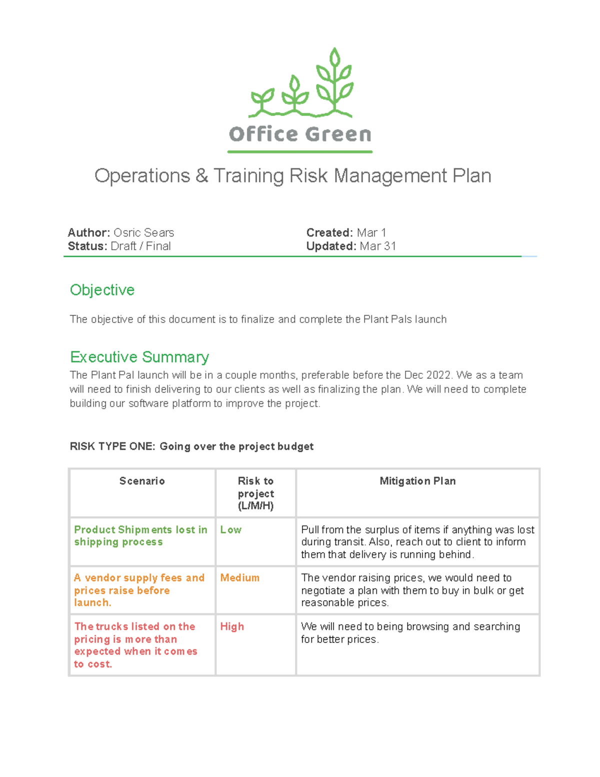 RM PLan (mod 3) - notes - Operations & Training Risk Management Plan ...