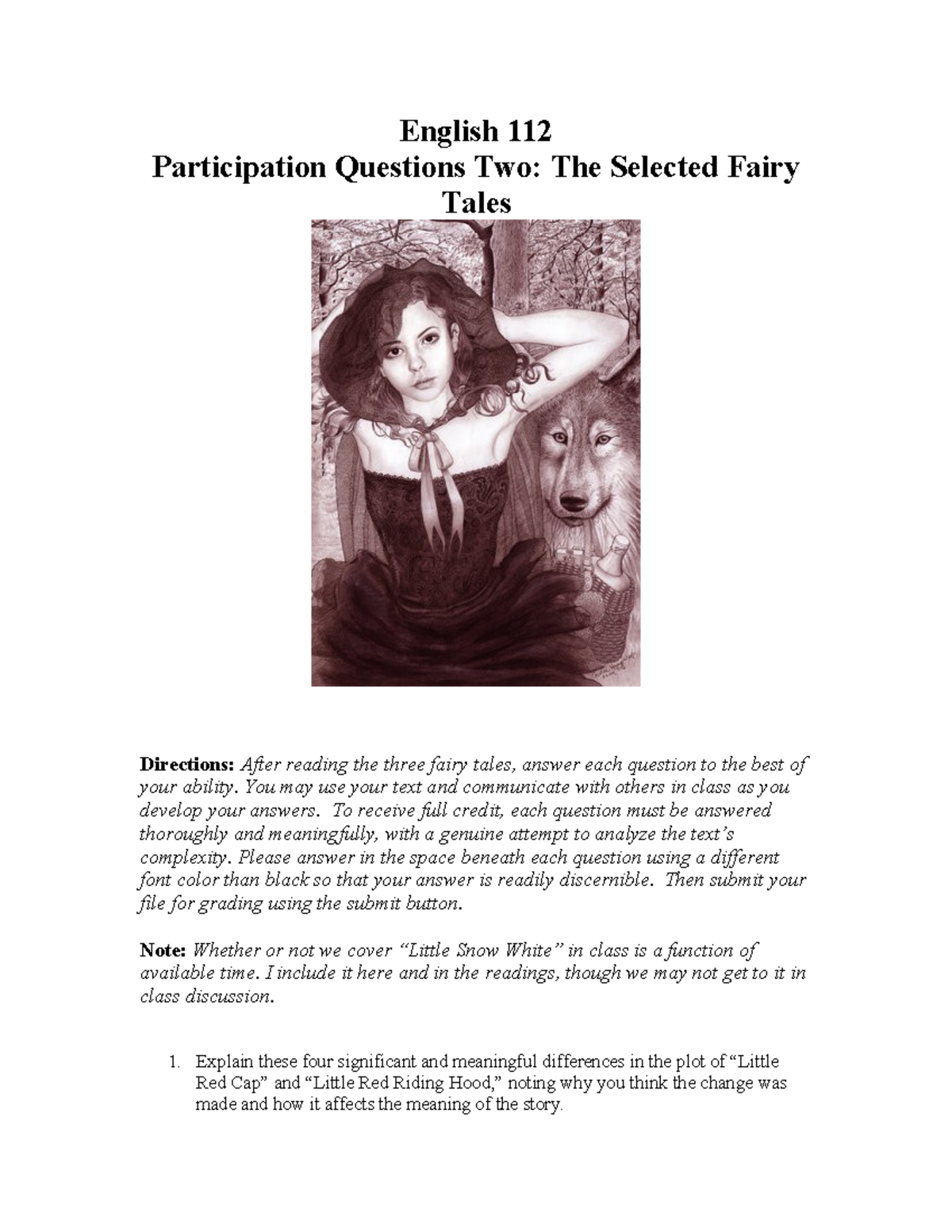 English 112 Participation Questions Two on Selected Fairy Tales Revised ...