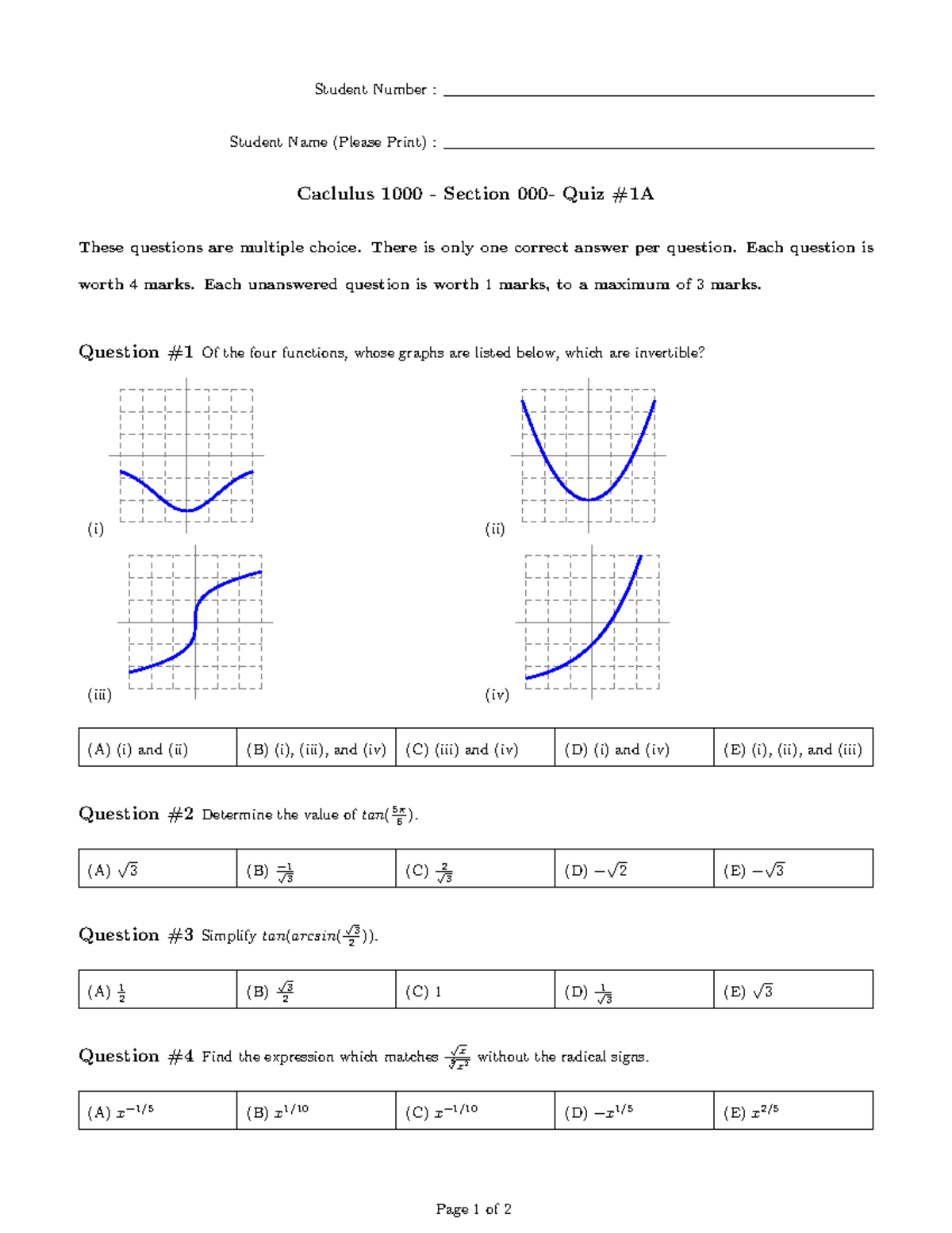Calculus Quiz 1 - Student Number : Student Name (Please Print ...