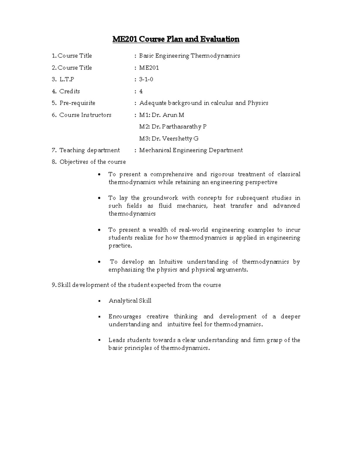 ME201-Thermo Course Plan - ME201 Course Plan and Evaluation Course ...