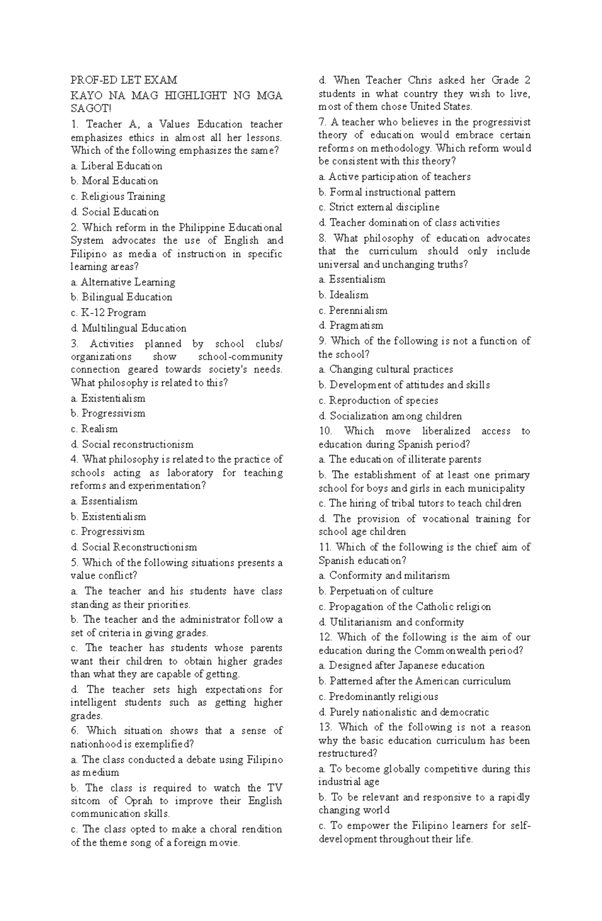 Prof Ed-LET-Exam - dfdfs - PROF-ED LET EXAM KAYO NA MAG HIGHLIGHT NG ...