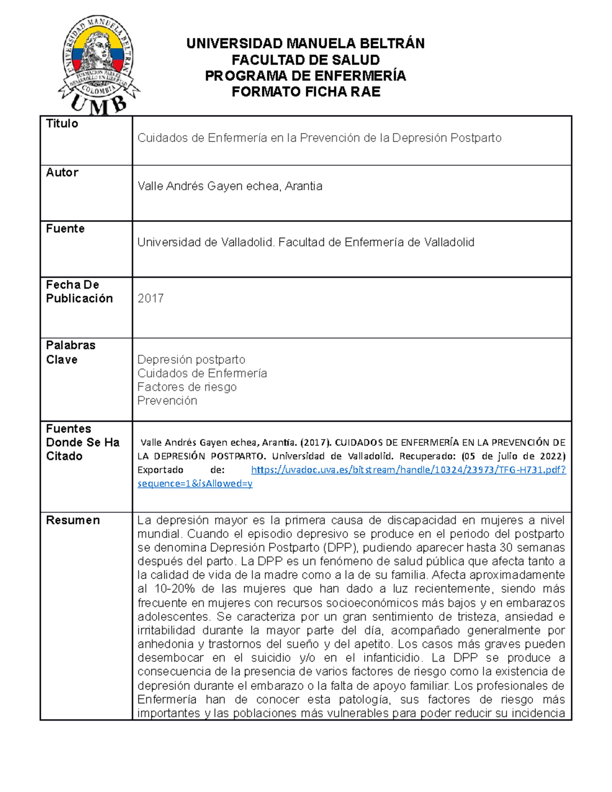 Ficha RAE - UNIVERSIDAD MANUELA BELTRÁN FACULTAD DE SALUD PROGRAMA DE ...