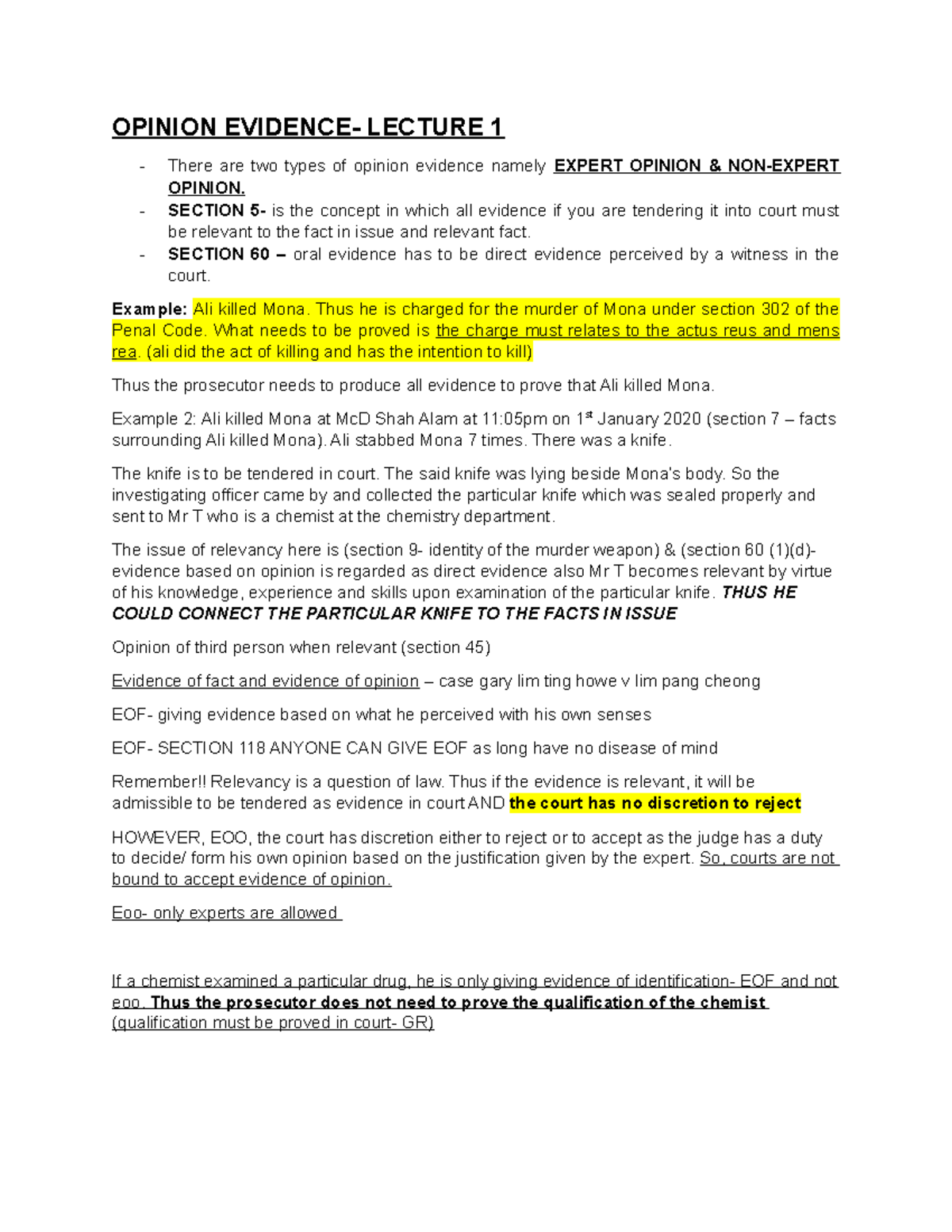 Opinion Evidence - OPINION EVIDENCE- LECTURE 1 - There are two types of ...