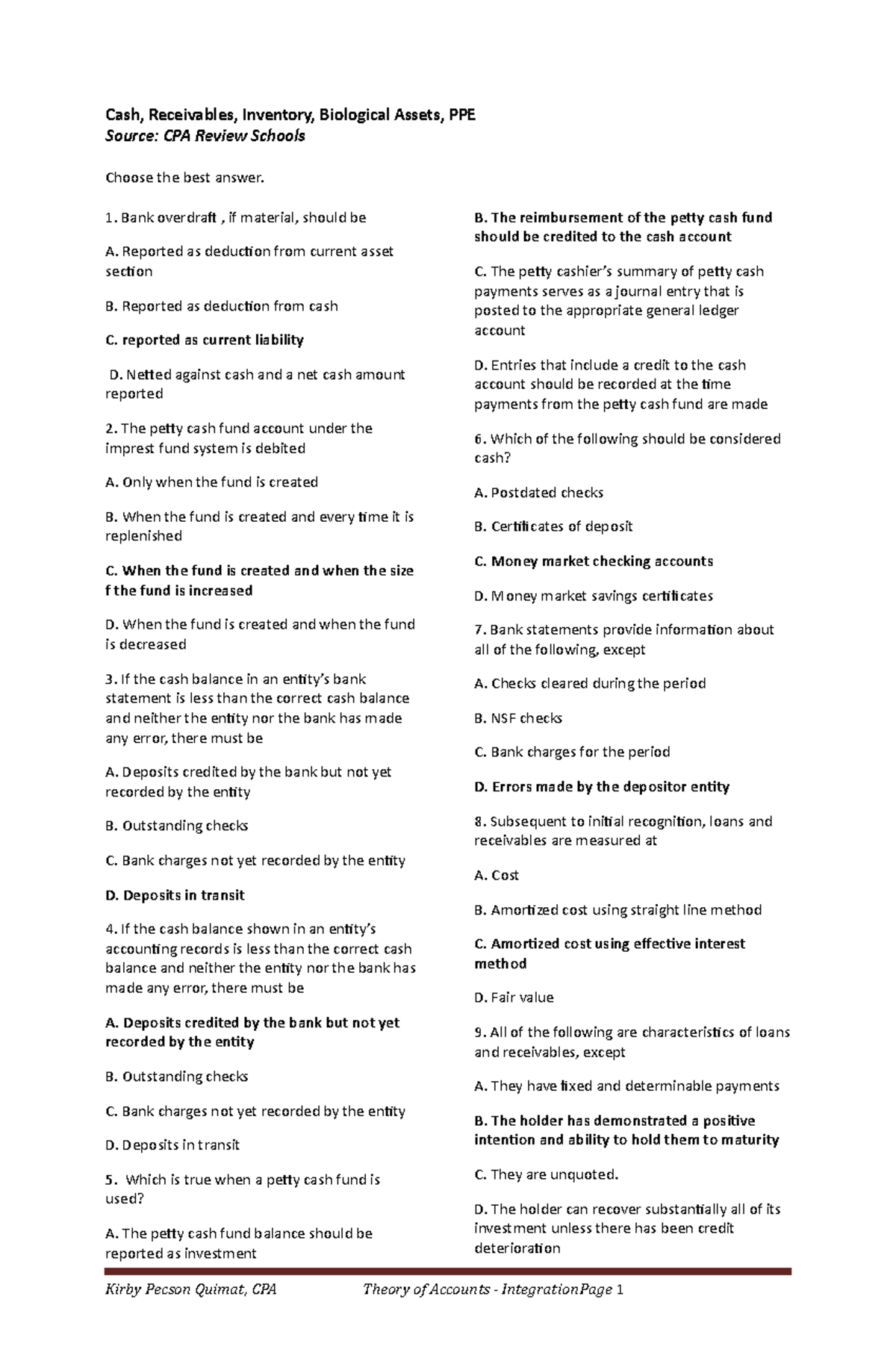 TOA (1) Key - Practice material - Cash, Receivables, Inventory ...