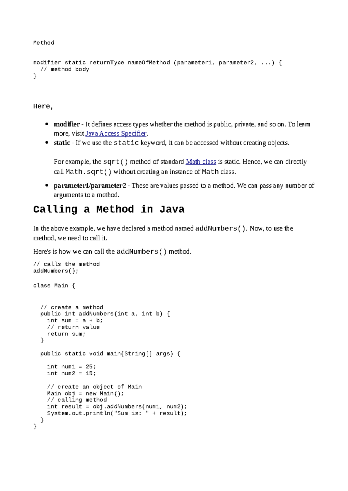 Method constructor string this - Method modifier static returnType ...