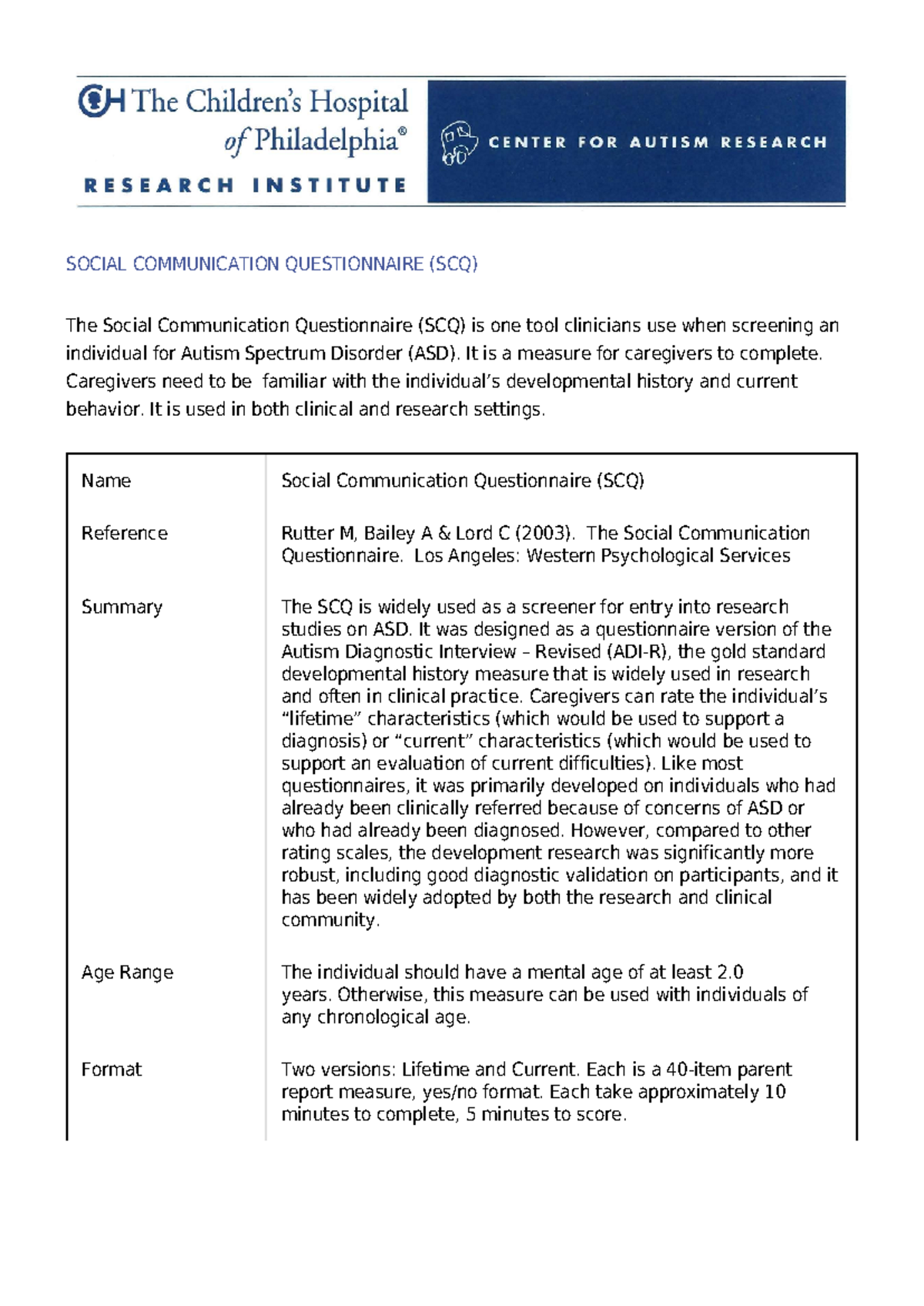 SCQ Review - AUTISMO - SOCIAL COMMUNICATION QUESTIONNAIRE (SCQ) The ...