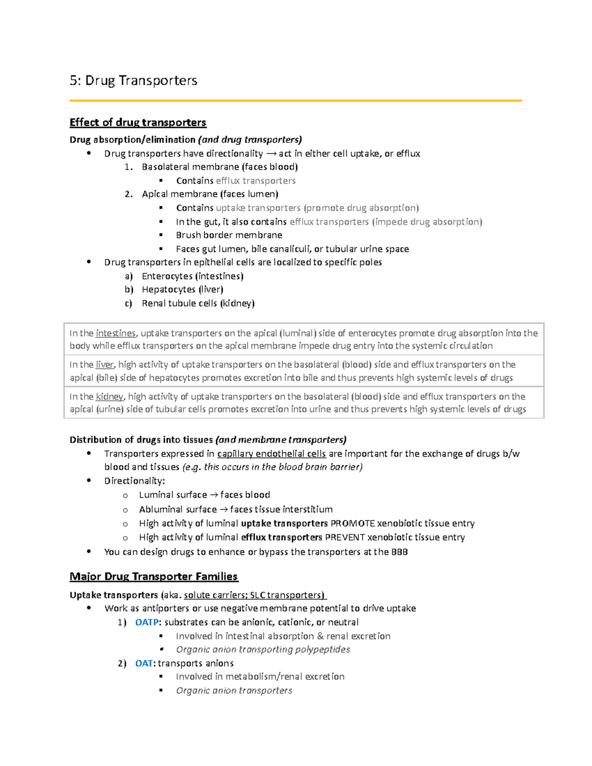 Clinical pharm - 5: Drug Transporters Effect of drug transporters Drug ...