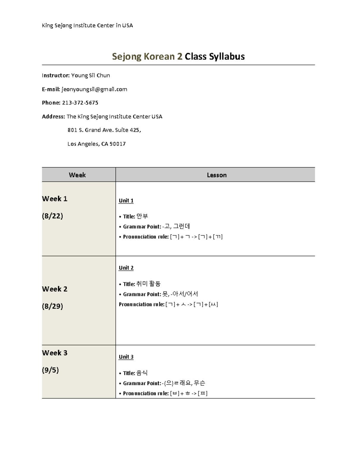 Korean Syllabus - Sejong Korean 2 Class Syllabus Instructor: Young Sil ...
