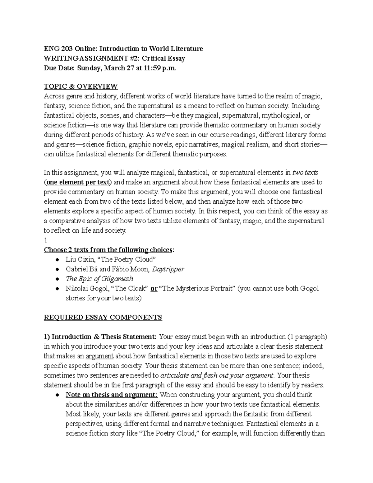 547008 ENG 203 Critical Essay Assignment - ENG 203 Online: Introduction ...