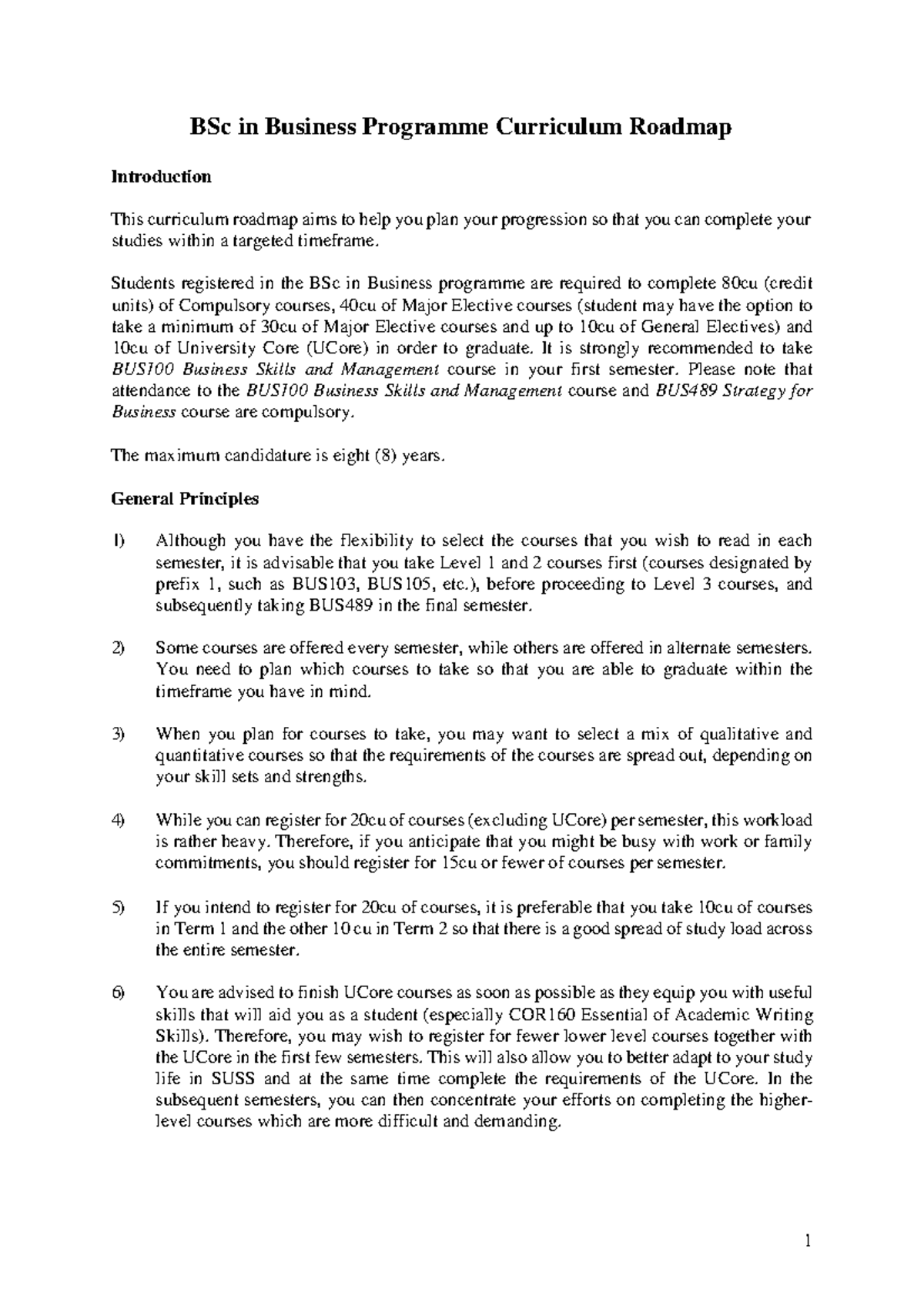 BSc Business Programme Curriculum Roadmap - Jan 2021 - BSc in Business ...