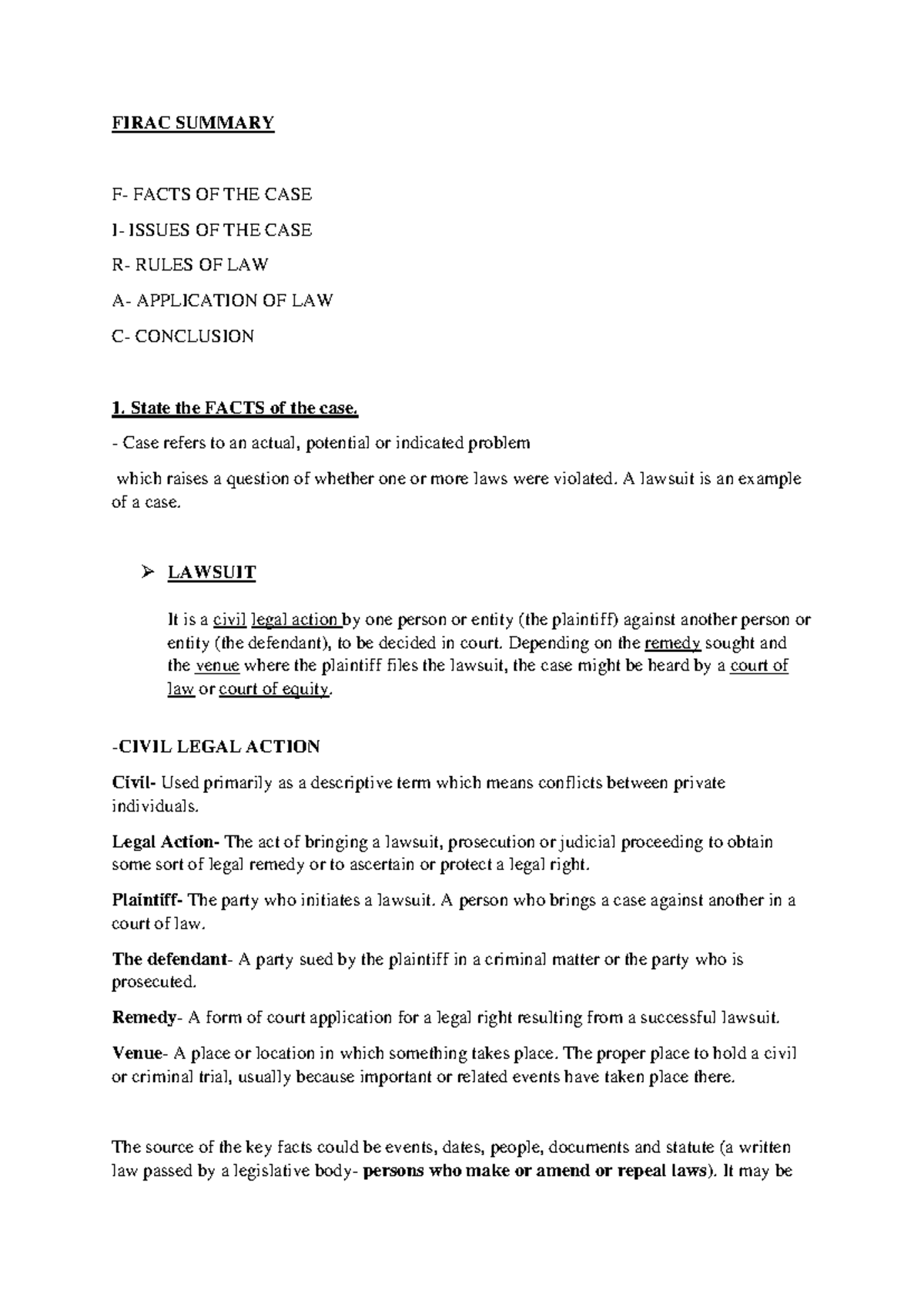 Firac Notes - FIRAC SUMMARY F- FACTS OF THE CASE I- ISSUES OF THE CASE ...