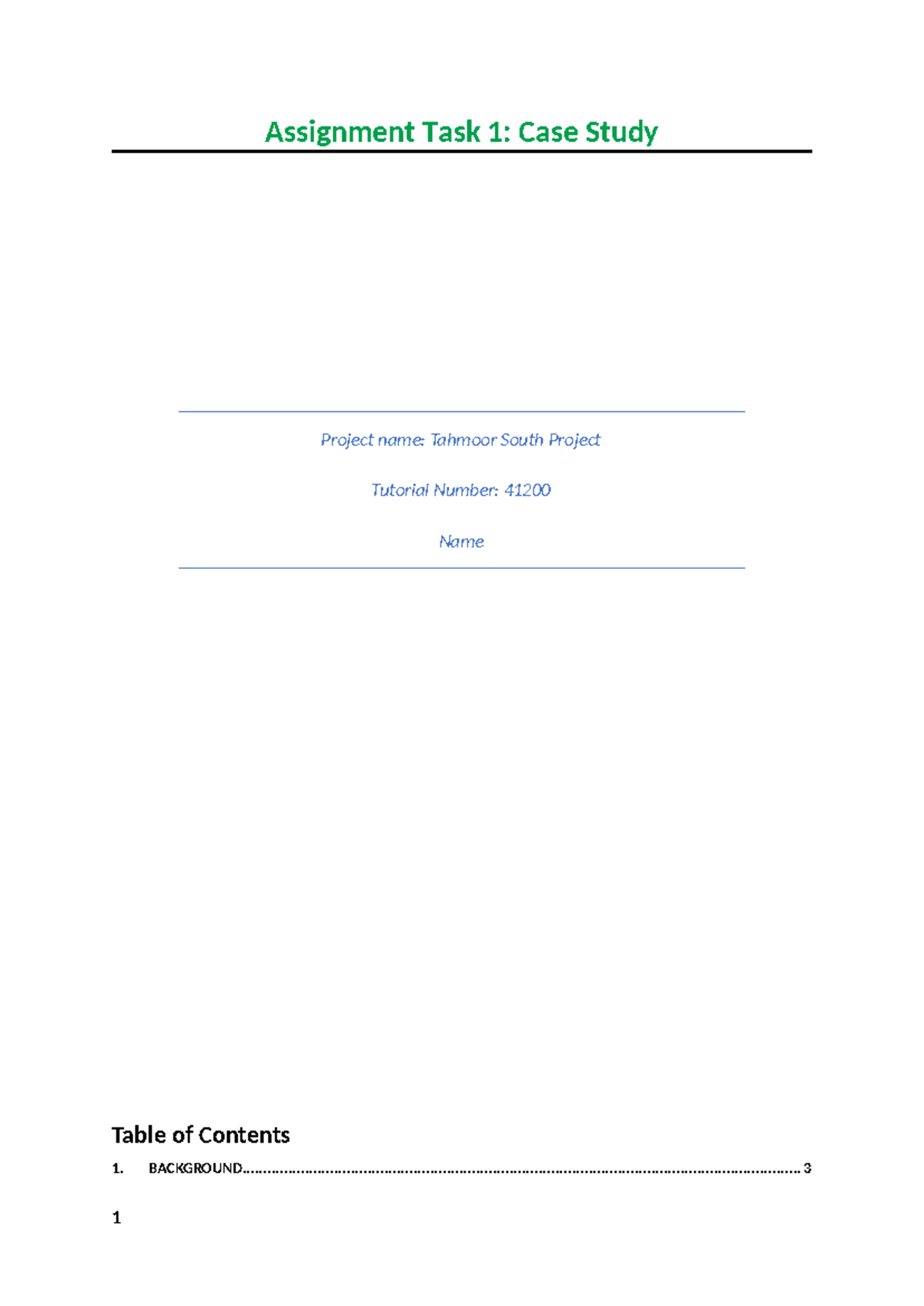 Assignment 1-Case study - Assignment Task 1: Case Study Project name ...