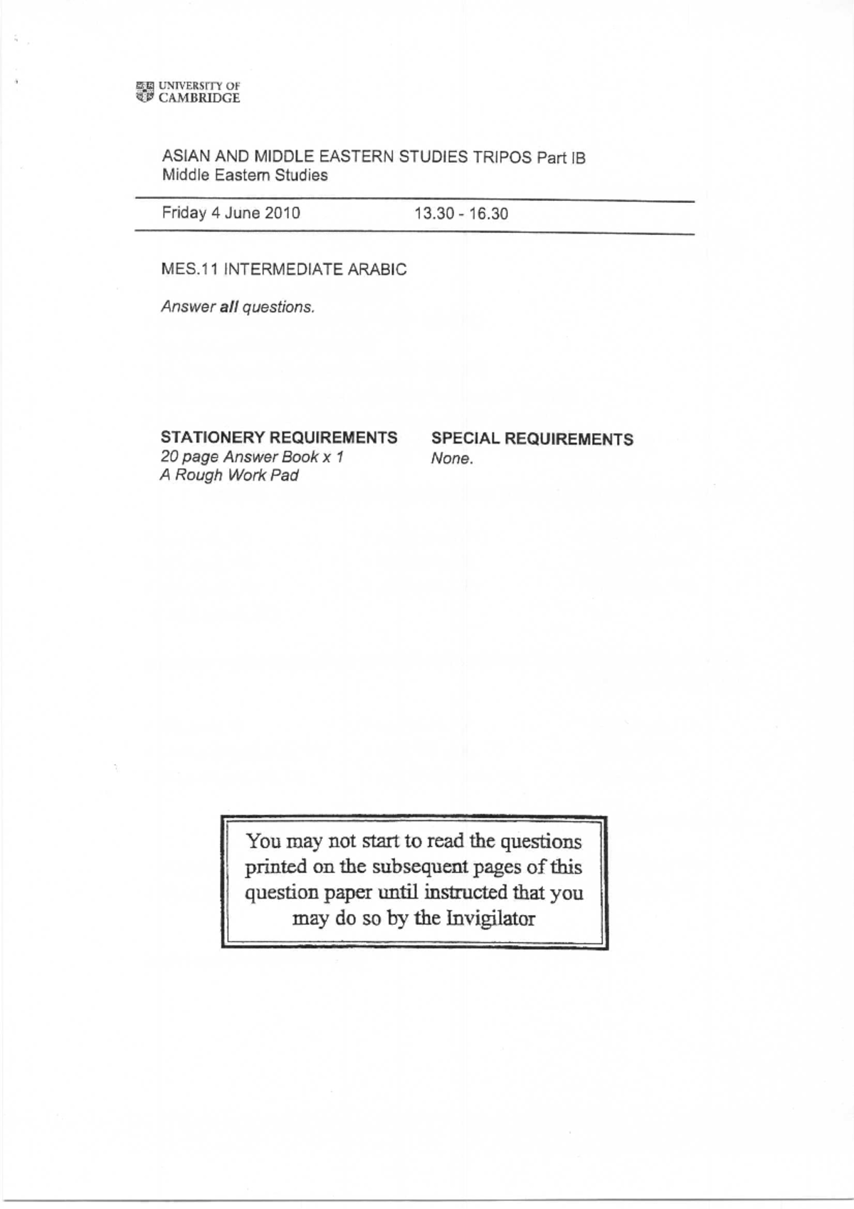 Exam 2010, questions - UNIVERSITY or CAMBRIDGE ASIAN AND MIDDLE EASTERN ...