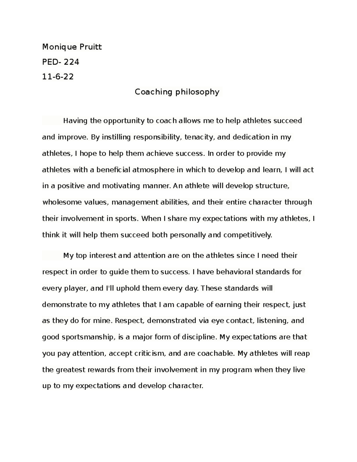 Coaching Philosophy information - Monique Pruitt PED- 224 11-6 ...