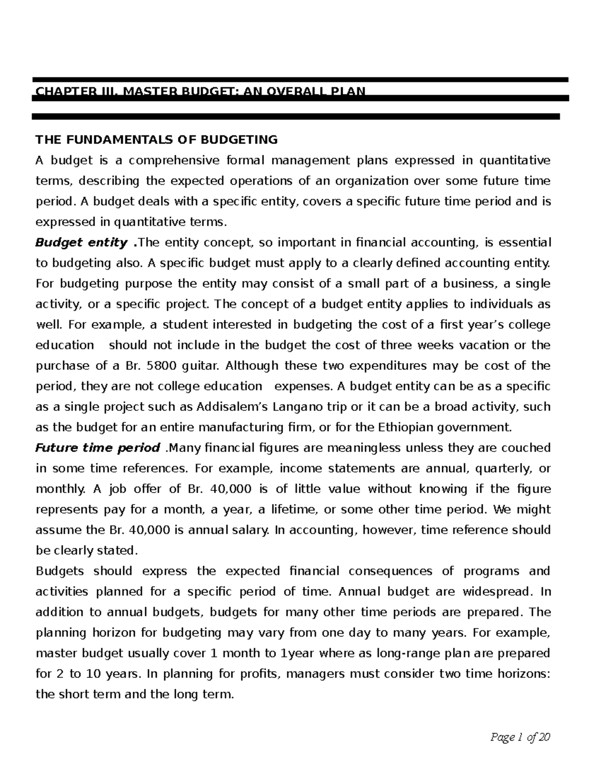 Master Budget- chapter 3 - CHAPTER III. MASTER BUDGET: AN OVERALL PLAN ...