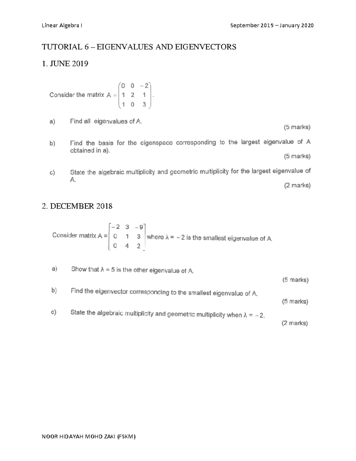 Tutorial 6 Eigenvalues And Eigenvectors Linear Algebra Tutorial 6