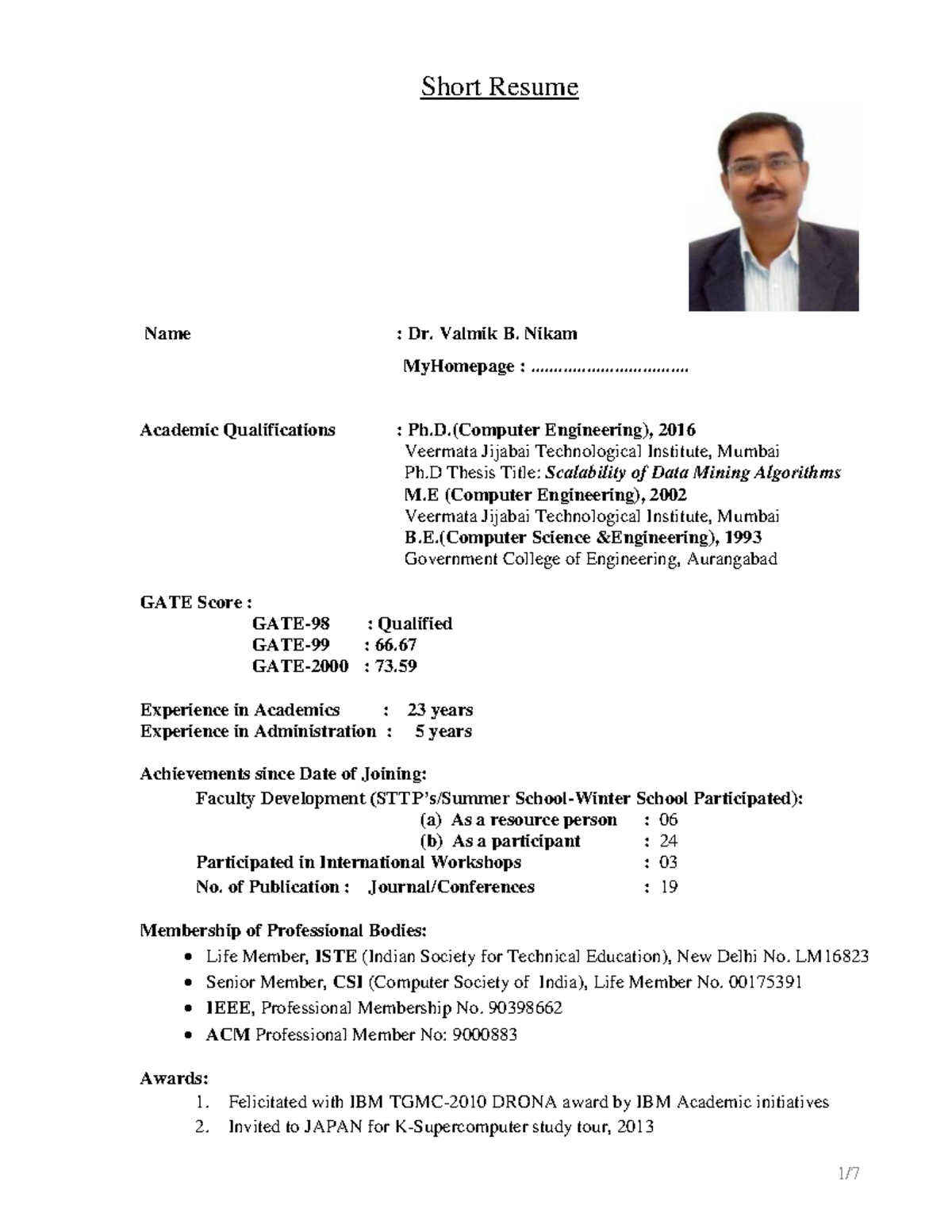 180223 Vbnikam - Imp - 1/ Short Resume Name : Dr. Valmik B. Nikam ...