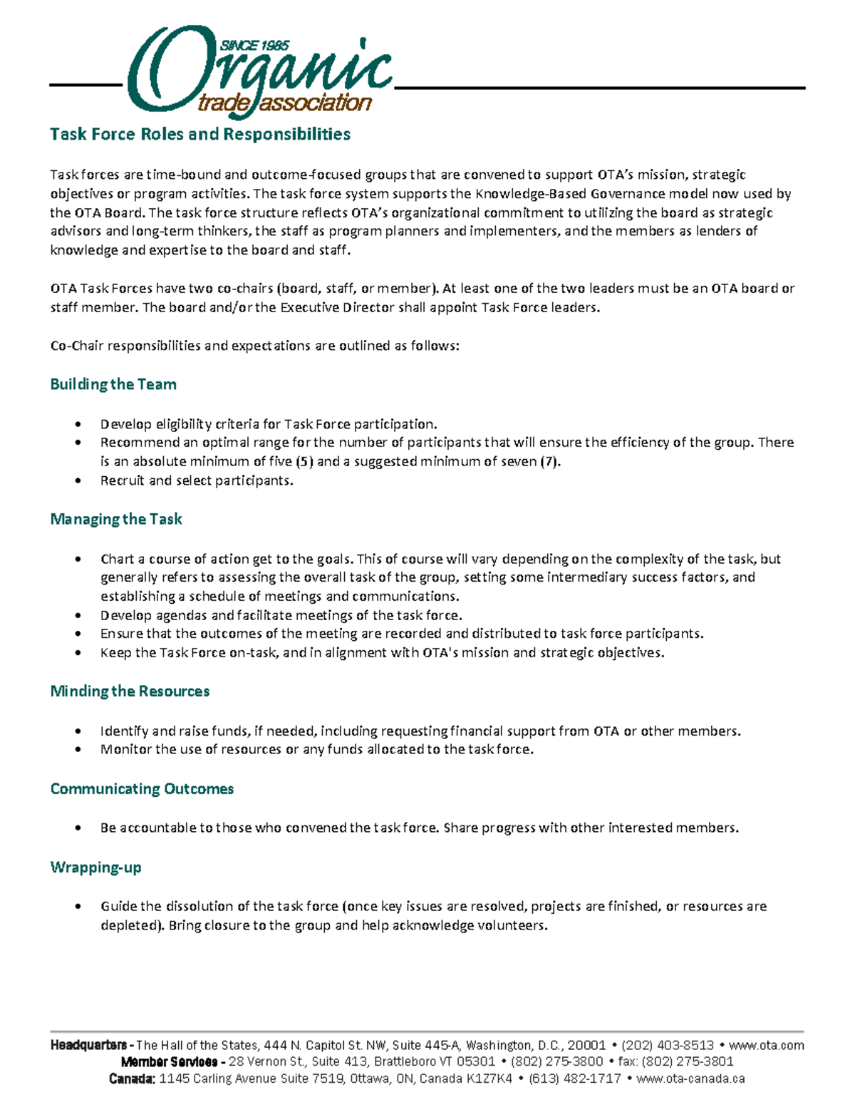 Task Force Roles Responsibilities - Headquarters - The Hall of the ...