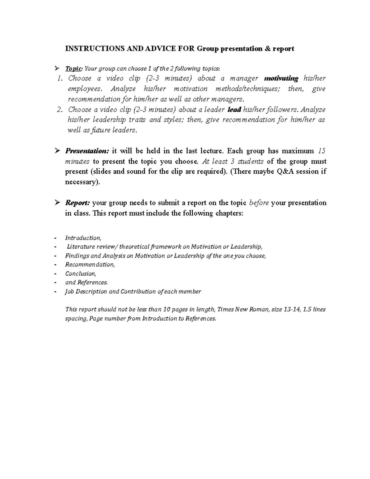 Instructions AND Advice FOR Group presentation AND Report - Business ...