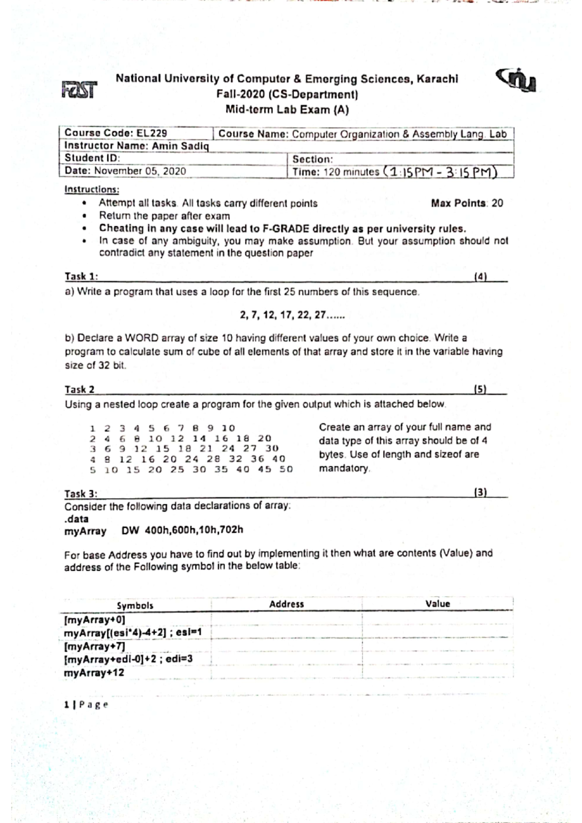 Coal Lab Mid exam A fall 2020 - Computer Organization and Assembly Language COAL lab - Studocu