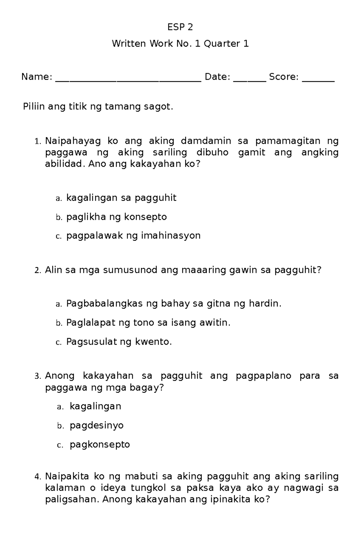 ST ESP 2 NO - Teaching Materials - ESP 2 Written Work No. 1 Quarter 1 ...