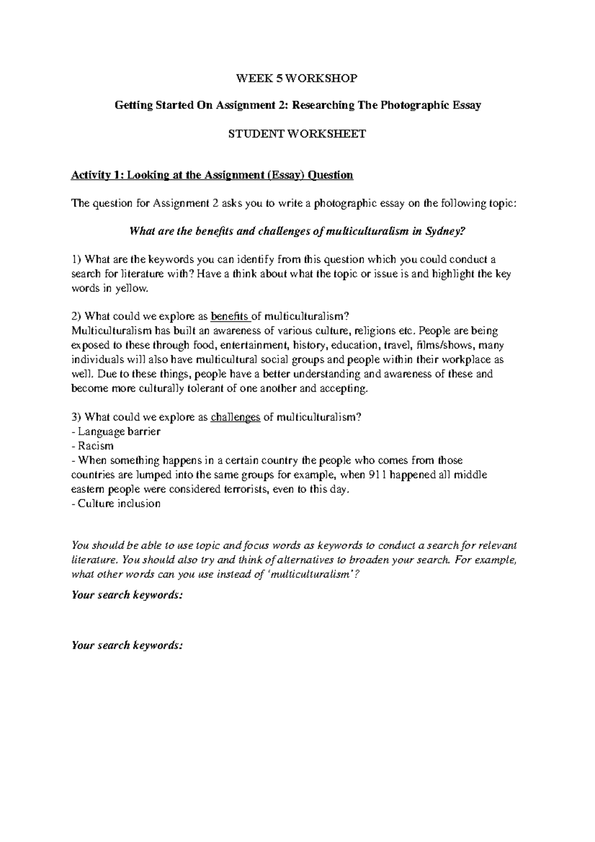 Week 5 Student Worksheet - WEEK 5 WORKSHOP Getting Started On ...