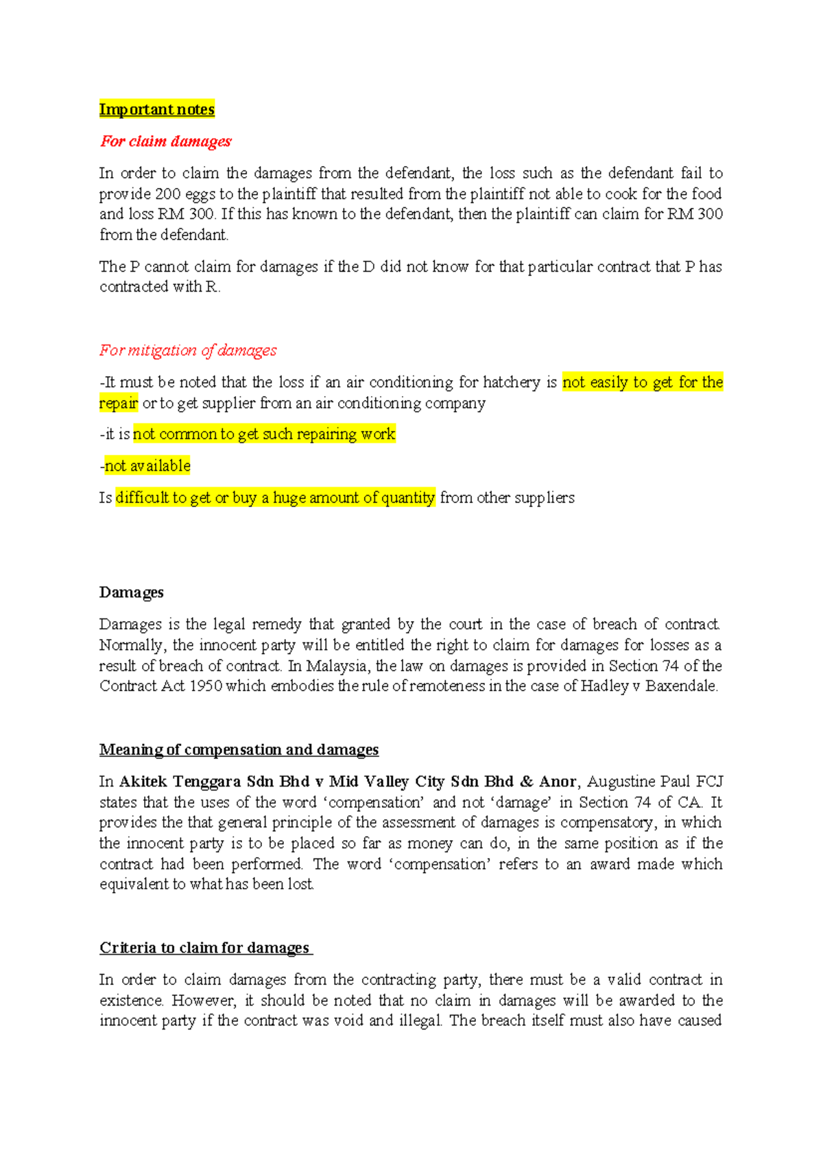 Damages - Summary Contract Law - Important notes For claim damages In ...