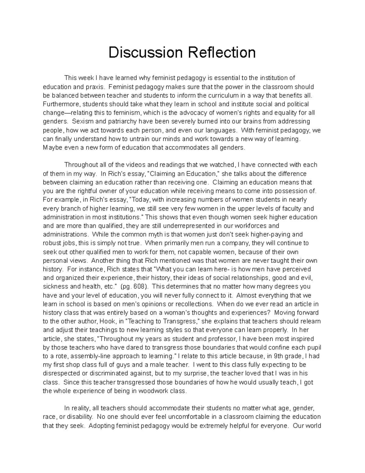Discussion Reflection - Discussion Reflection This week I have learned ...
