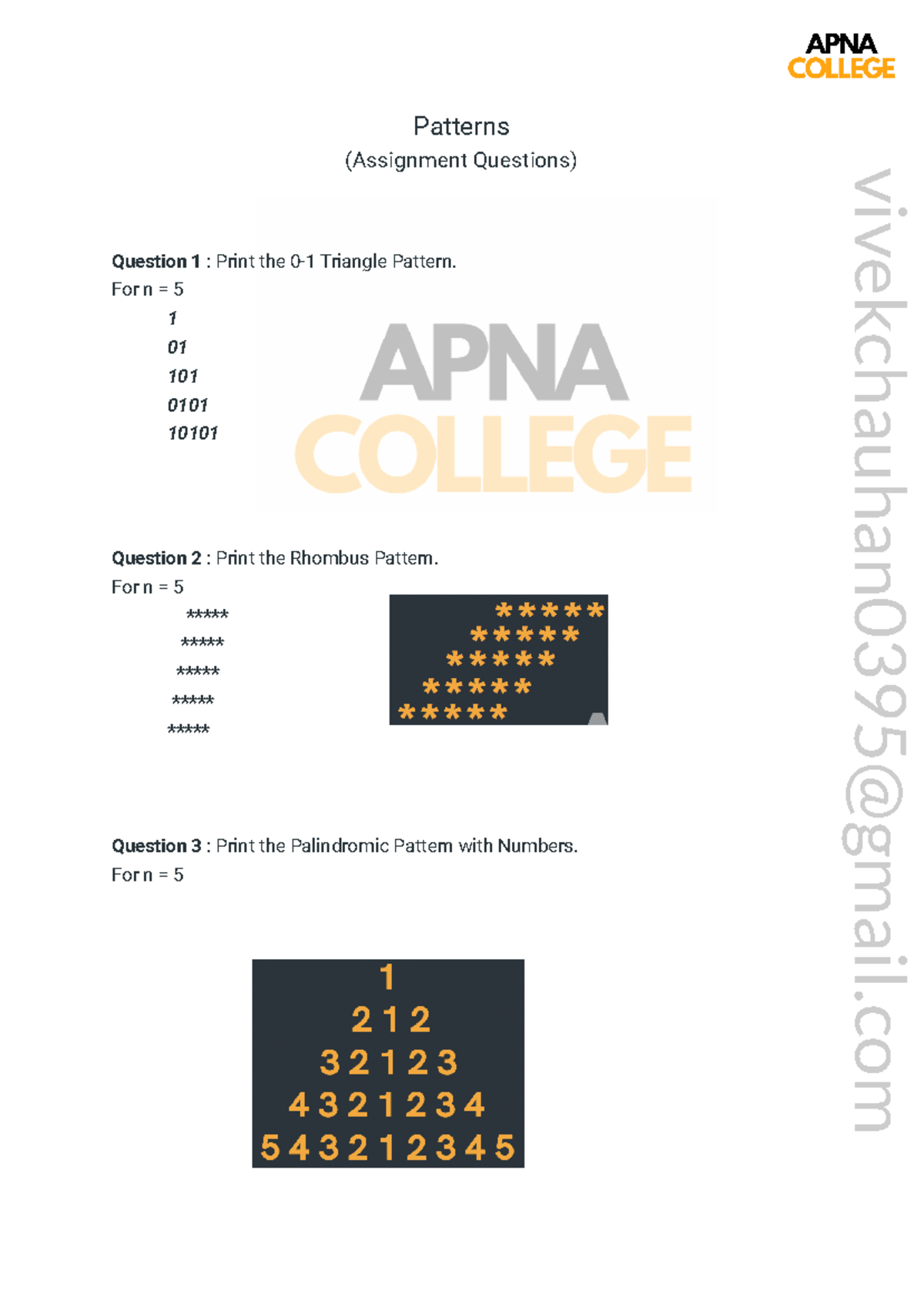 Patterns Questions - Computer Science HL - Patterns (Assignment Questions) Question 1 : Print ...