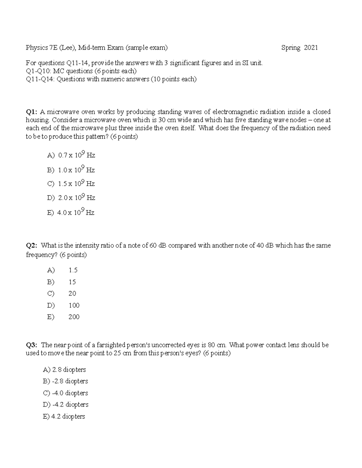 Physics 7E Final Exam Sample - Physics 7E (Lee), Mid-term Exam (sample ...