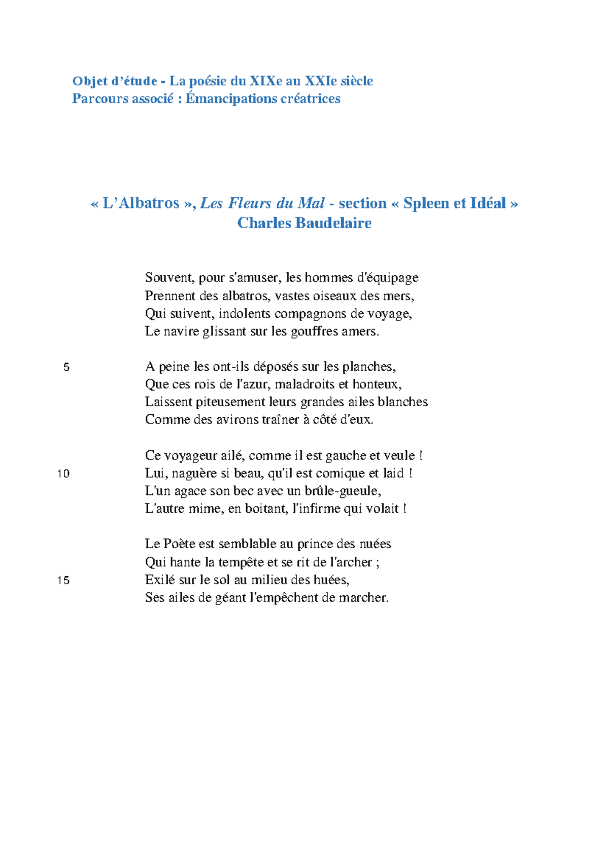 L albatros baudelaire texte - Objet d’étude - La poésie du XIXe au XXIe ...