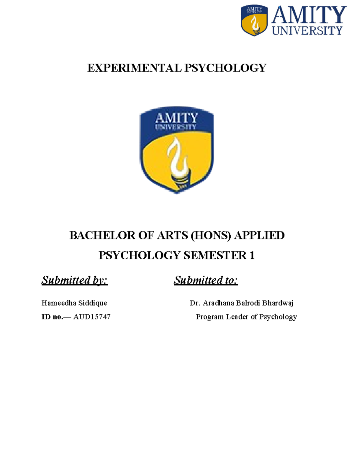 Experimental Psychology - EXPERIMENTAL PSYCHOLOGY BACHELOR OF ARTS ...