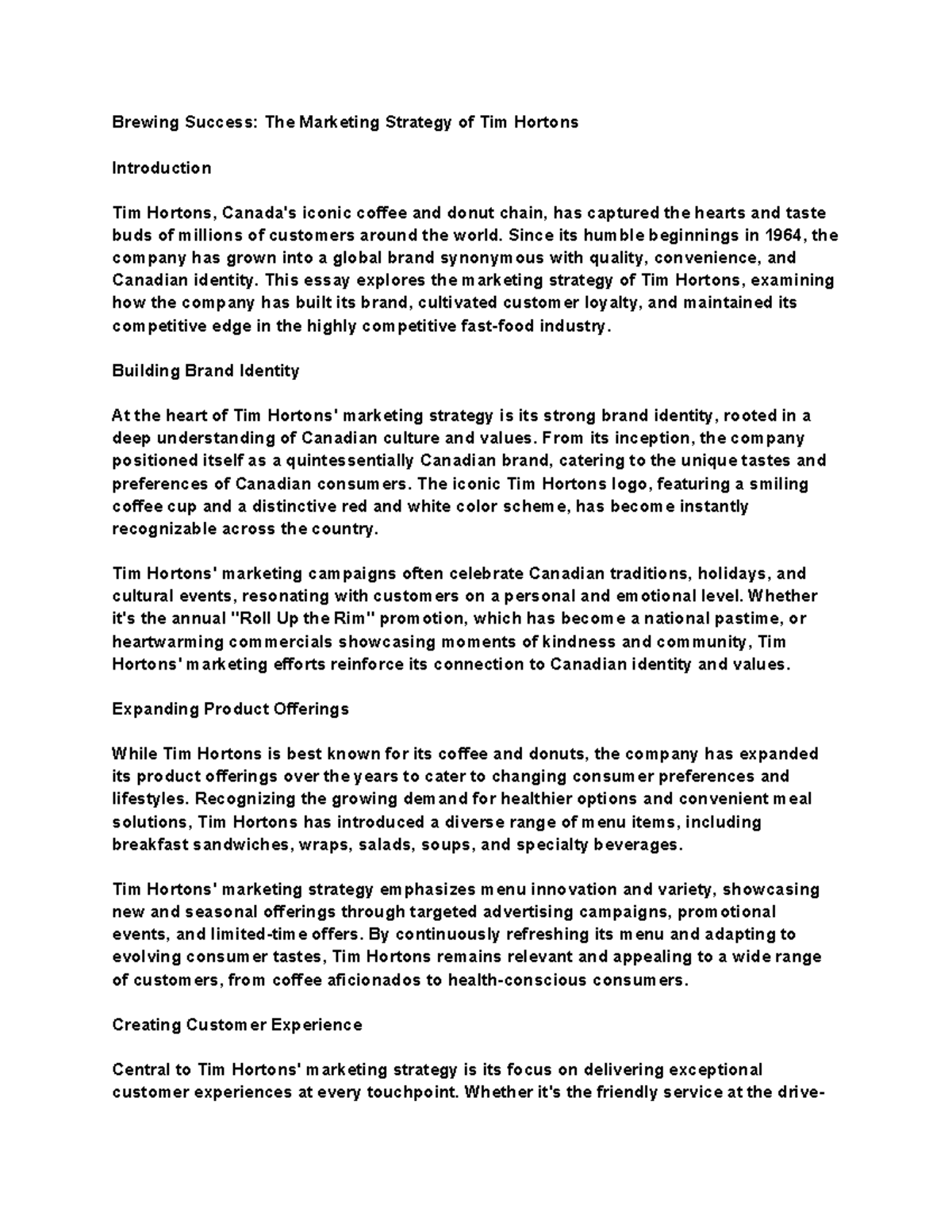 Brewing Success The Marketing Strategy of Tim Hortons - Brewing Success ...