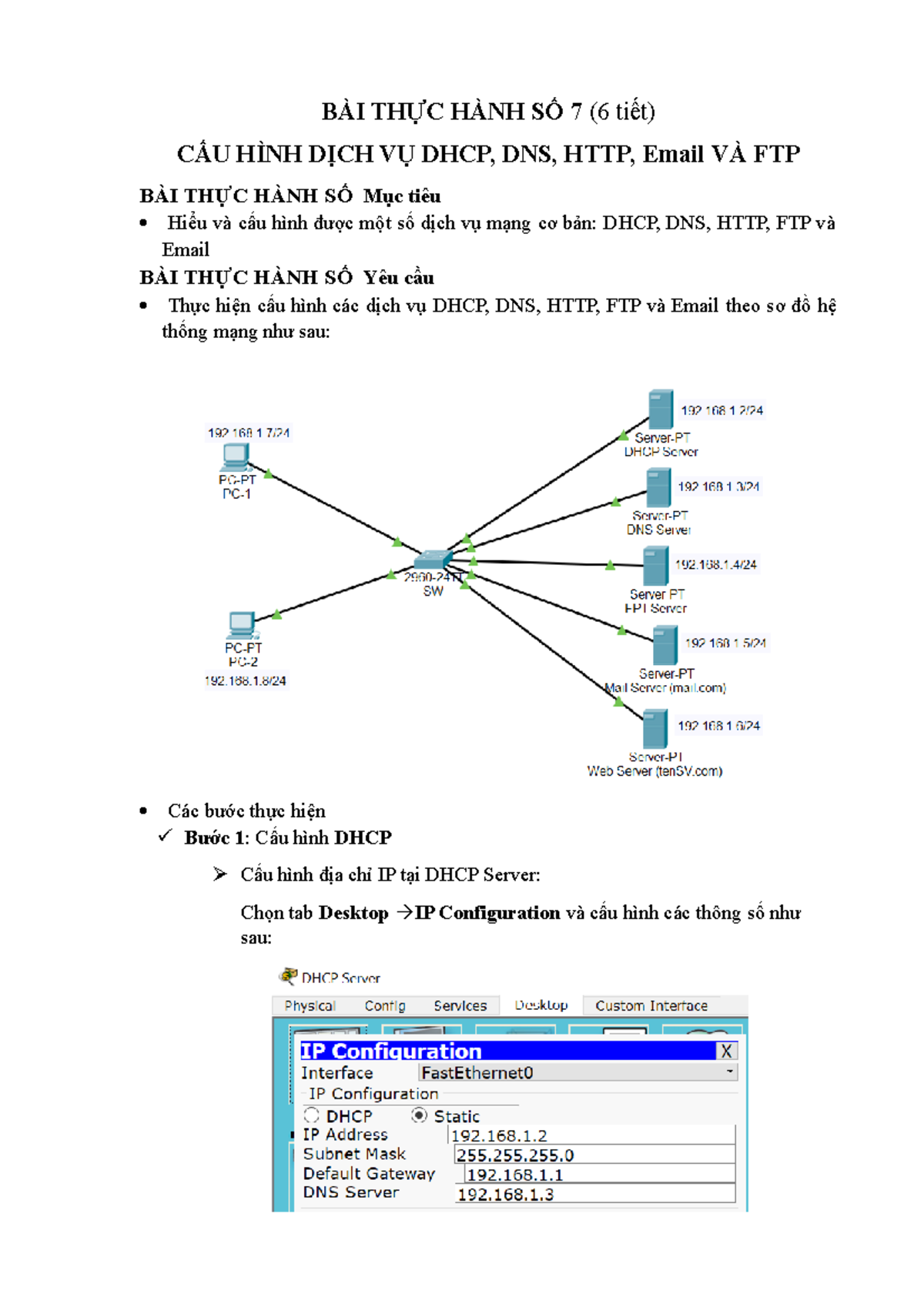 Lab 7 Cau hinh dich vu DHCP, DNS, HTTP, Email va FTP - BÀI THỰC HÀNH SỐ 7 (6 tiết) CẤU HÌNH DỊCH ...
