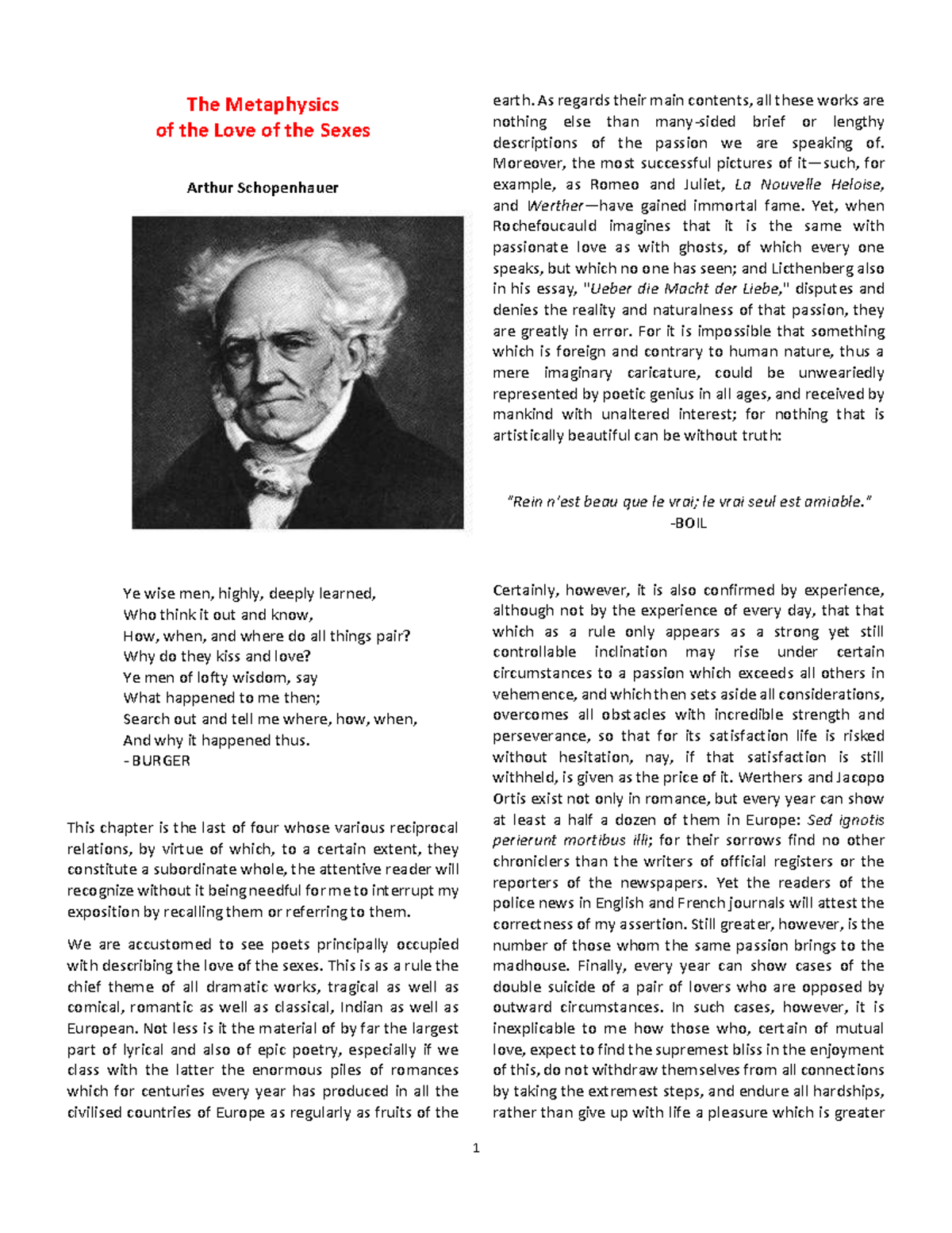 Schopenhauer - Metaphysics of the Love of the Sexes - The Metaphysics ...