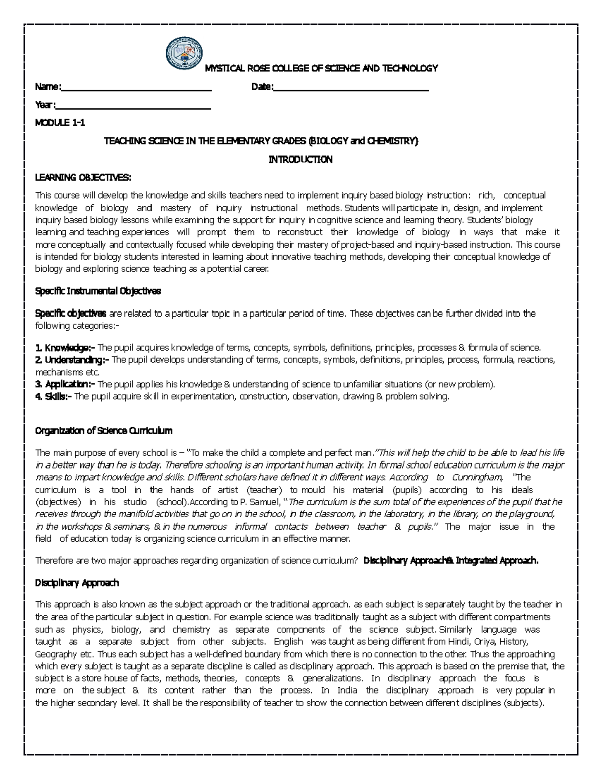 MDL 1 Teaching SCI - Module for this subject - MYSTICAL ROSE COLLEGE OF ...