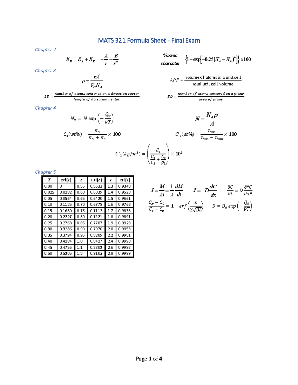 Final Exam Formula Sheet - MATS 321 Formula Sheet - Final Exam Chapter ...