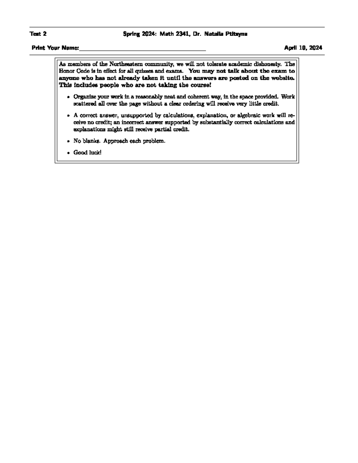 2341 T2 Sp24 - chicken - Test 2 Spring 2024: Math 2341, Dr. Natalia ...