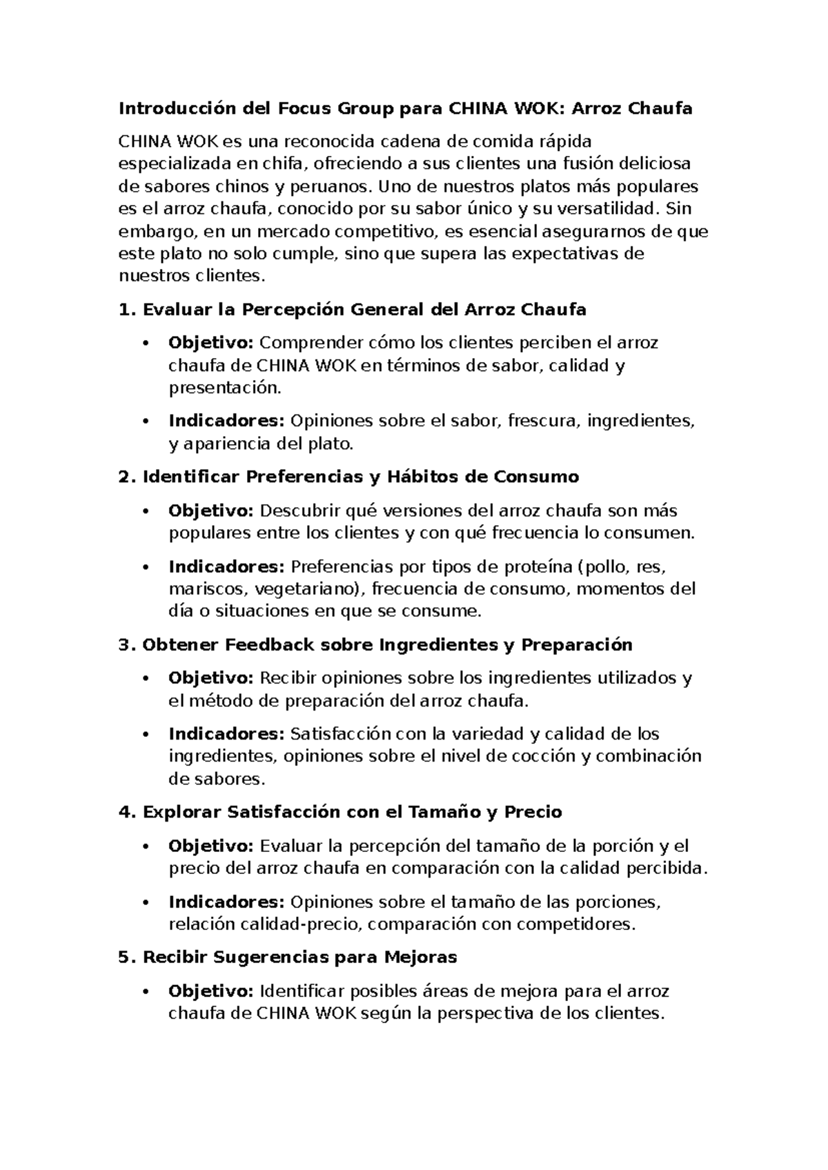 Focusgroupchinawok - TAREA DE FOCUS GROUP - Introducción del Focus Group para CHINA WOK: Arroz ...