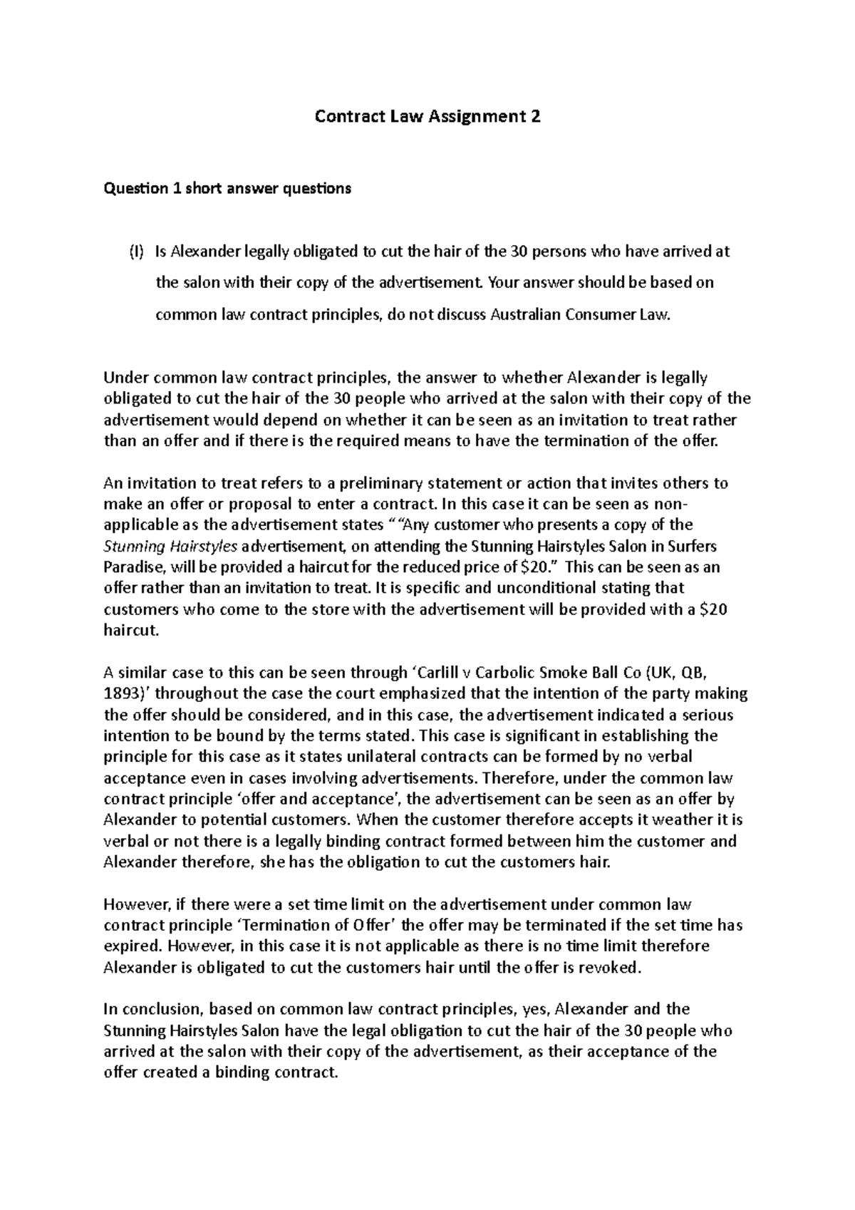 Contract Law Assignment 2 - 2105afe - Griffith - Studocu