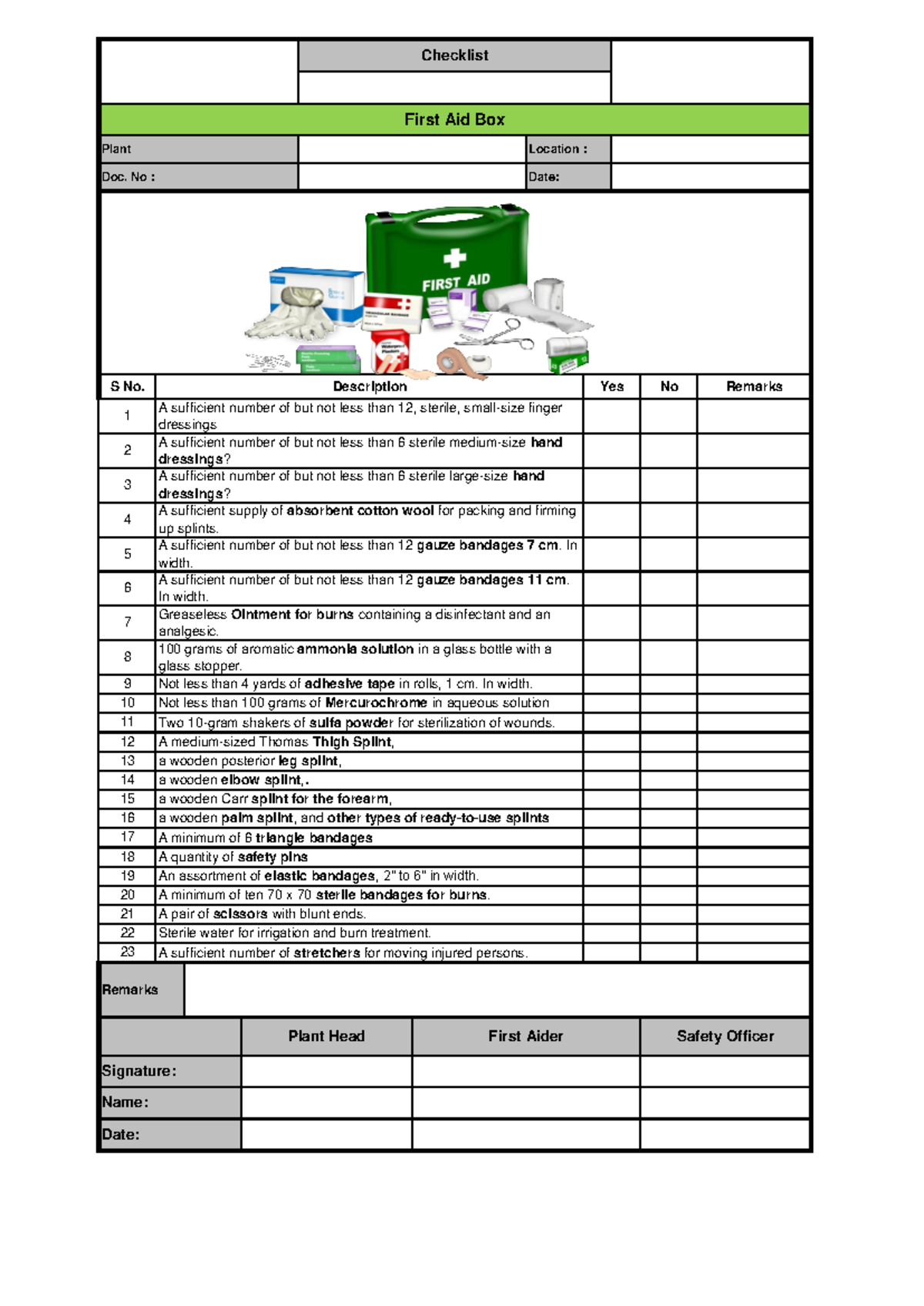 First Aid Box HSE Checklist - a wooden palm splint, and other types of ...