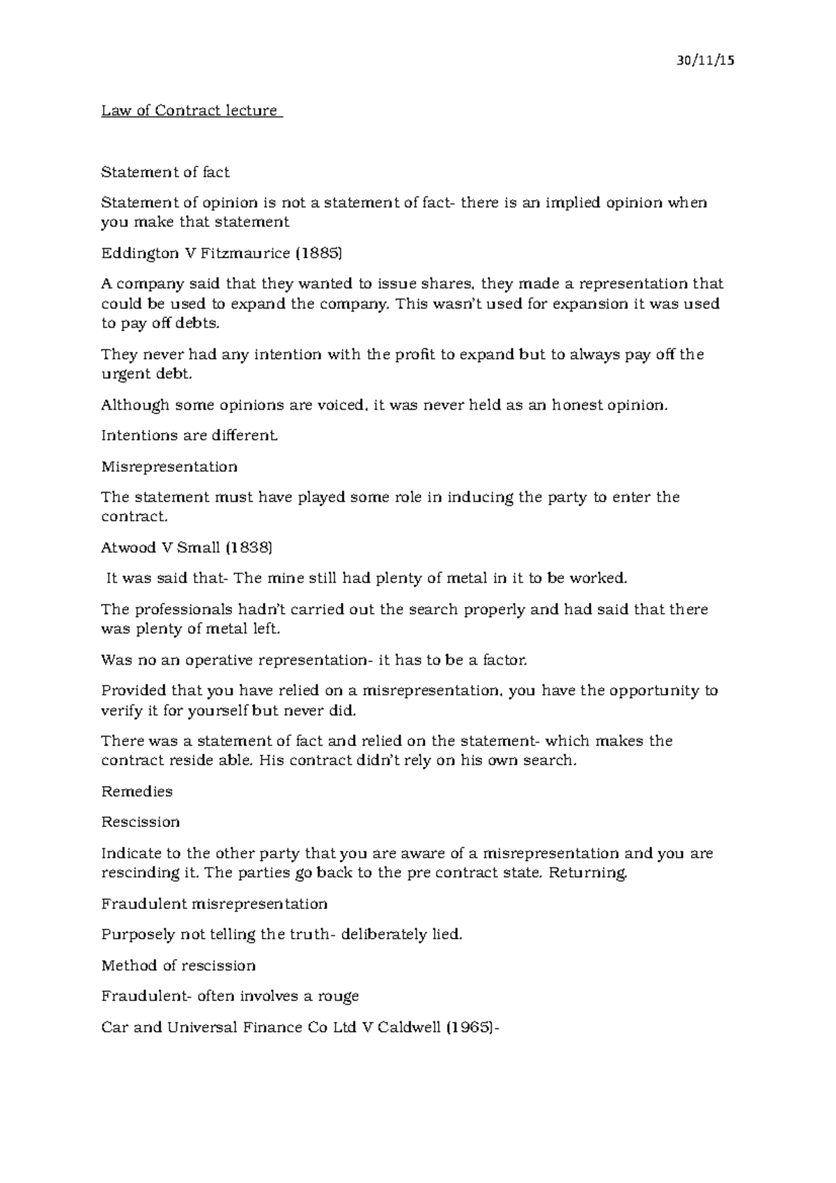 Statement of fact - contract law lecture notes - 30/11/ Law of Contract ...
