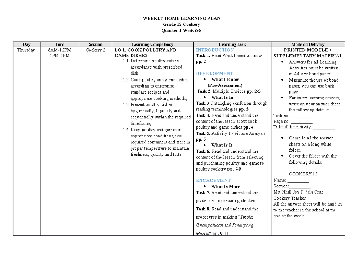 Cookery sample whlp - WEEKLY HOME LEARNING PLAN Grade 12 Cookery ...