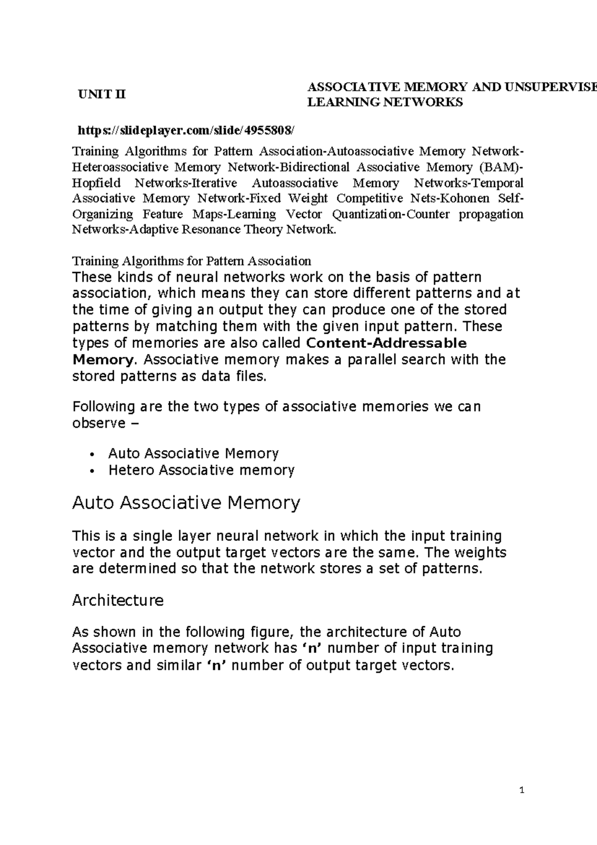 Unit-2 nndl - neural network - ####### UNIT II ####### ASSOCIATIVE ...