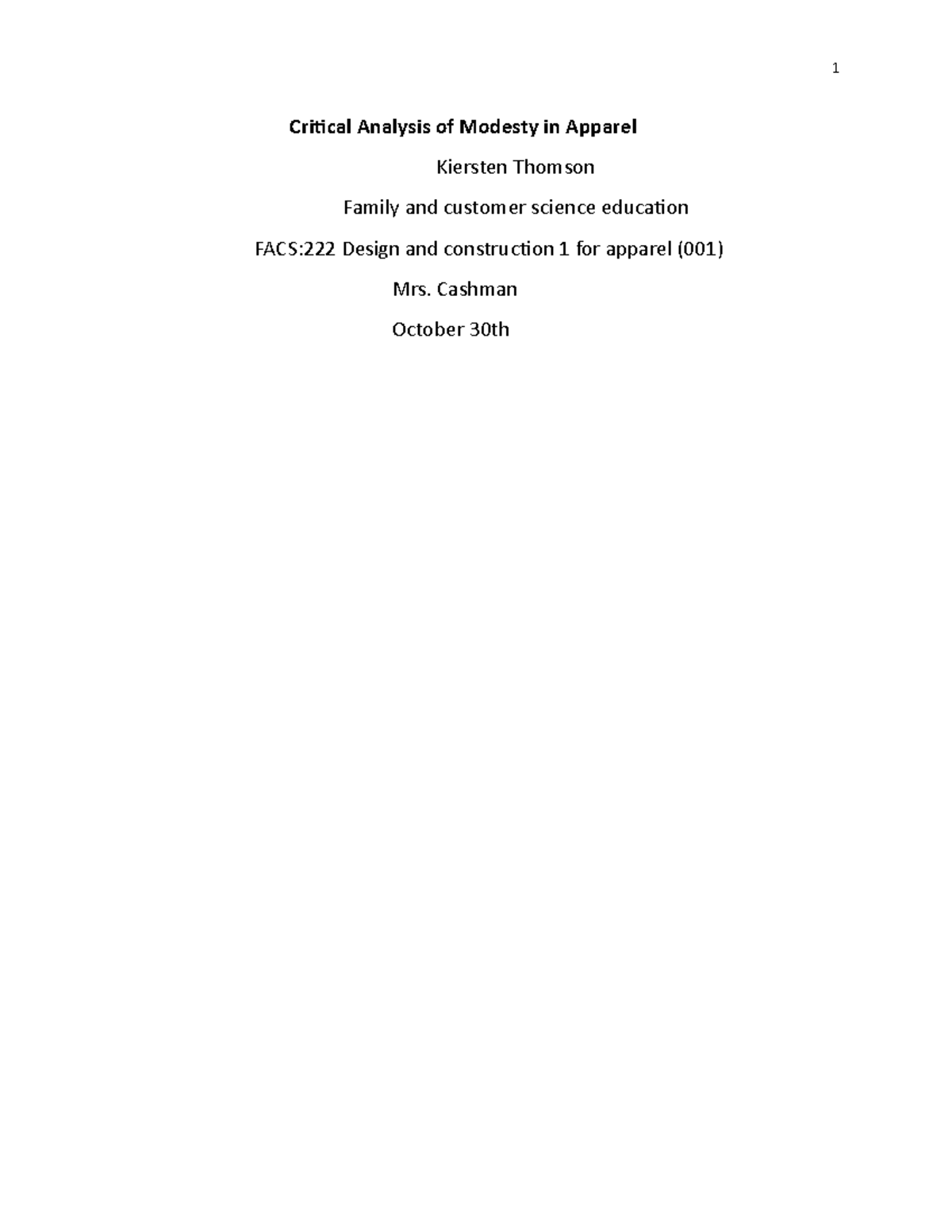 Critical Analysis of Modesty in Apparel - Assignment Directions-3 - 1 Critical Analysis of ...