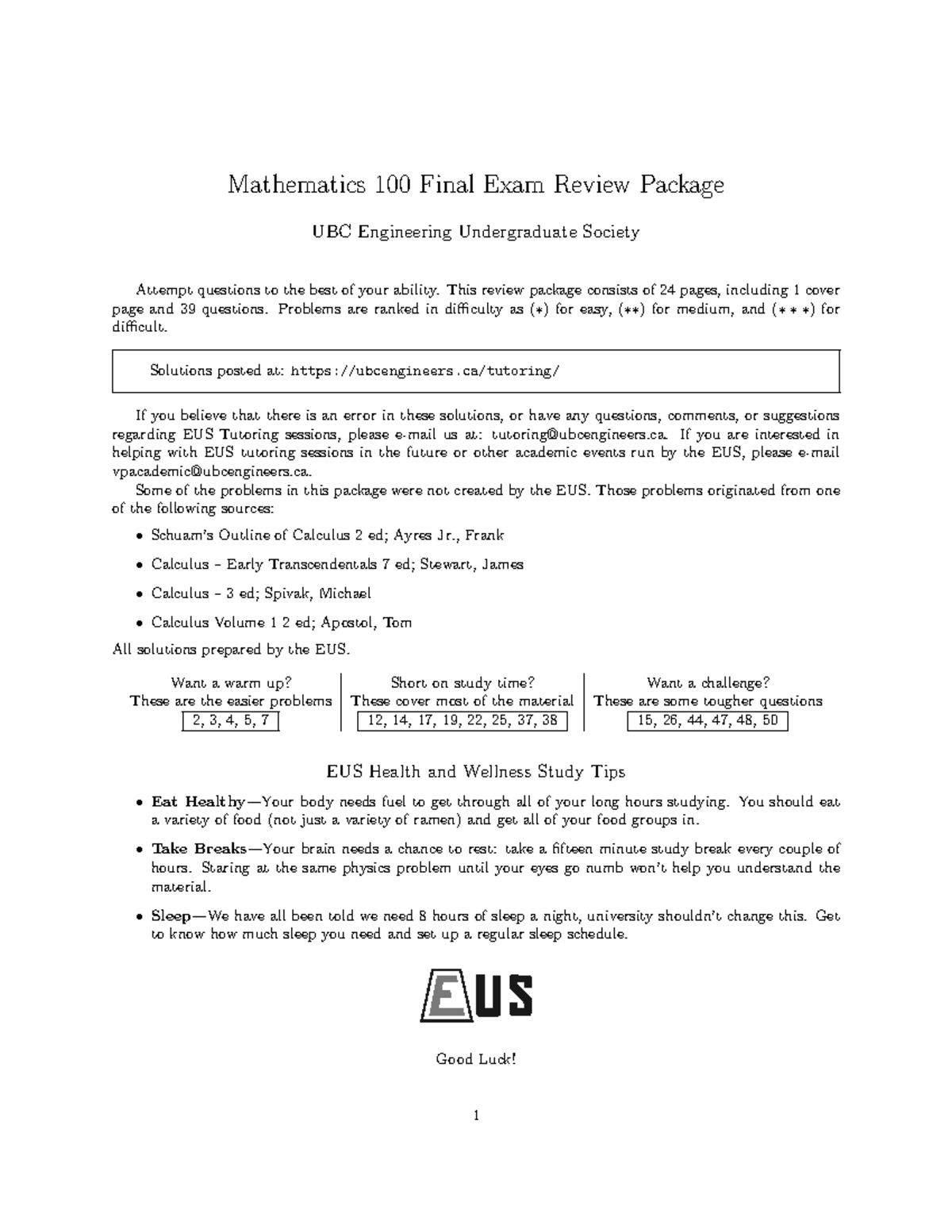 Math 100 Final Exam Reivew Package - Mathematics 100 Final Exam Review Package UBC Engineering ...