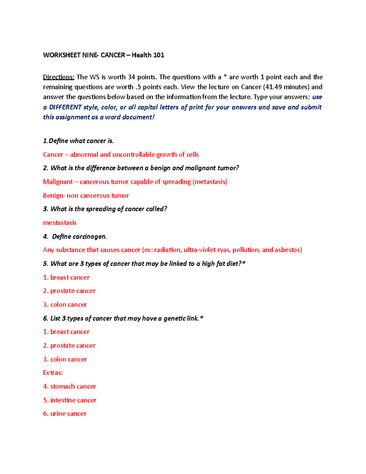 9WS cancer - WORKSHEET NINE- CANCER – Health 101 Directions: The WS is ...