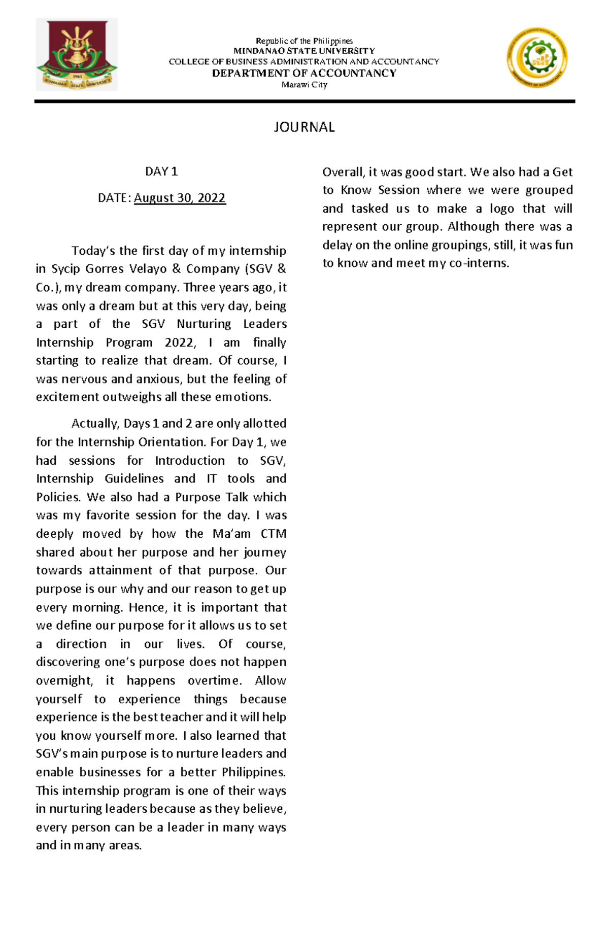 WEEK1-13- Journal- Tanoga - MINDANAO STATE UNIVERSITY COLLEGE OF ...