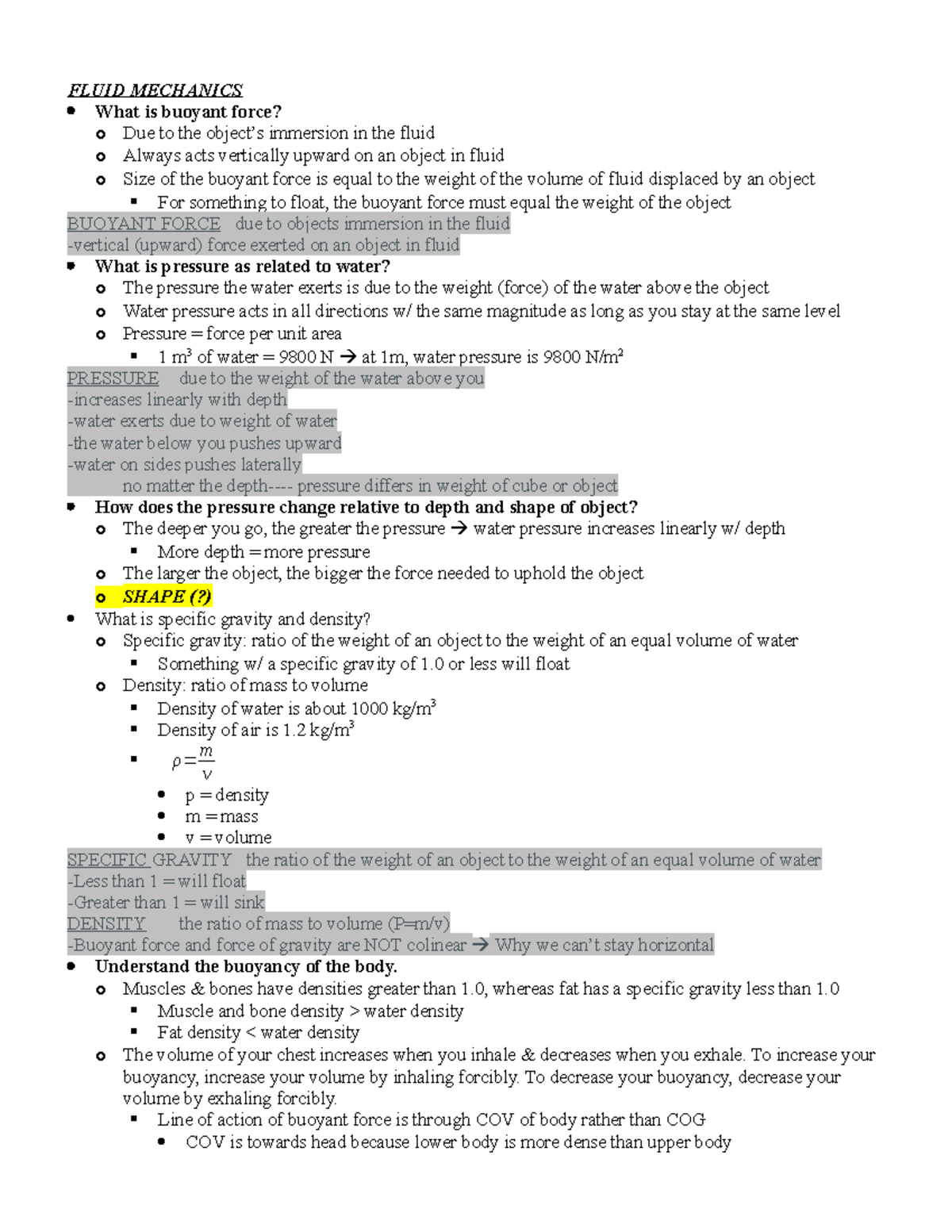 Module VI Reading Guide - FLUID MECHANICS What is buoyant force? o Due ...