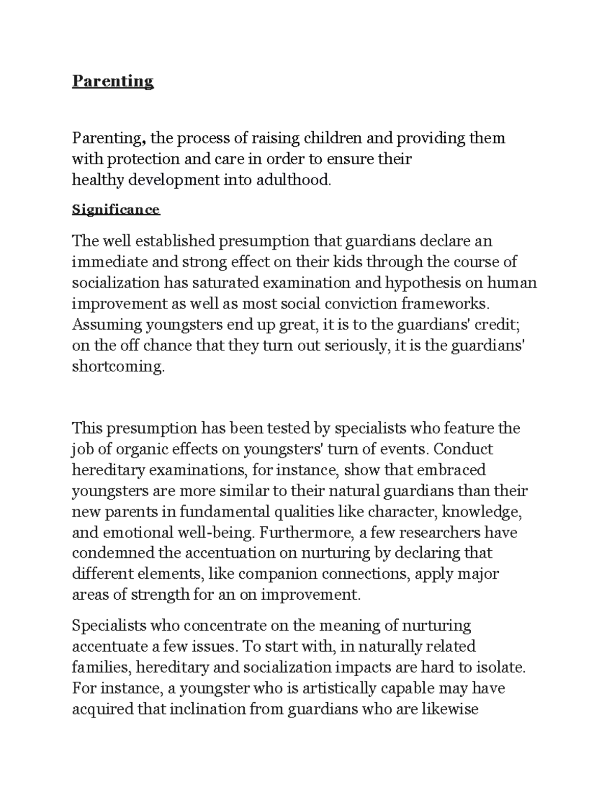 Parenting - Parenting Parenting , the process of raising children and ...